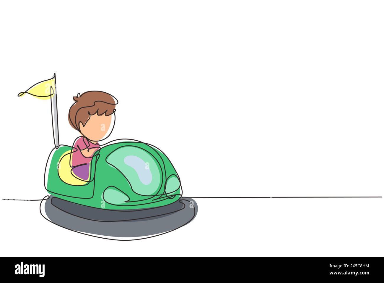 Single continuous line drawing cute little boy riding in bump car ...