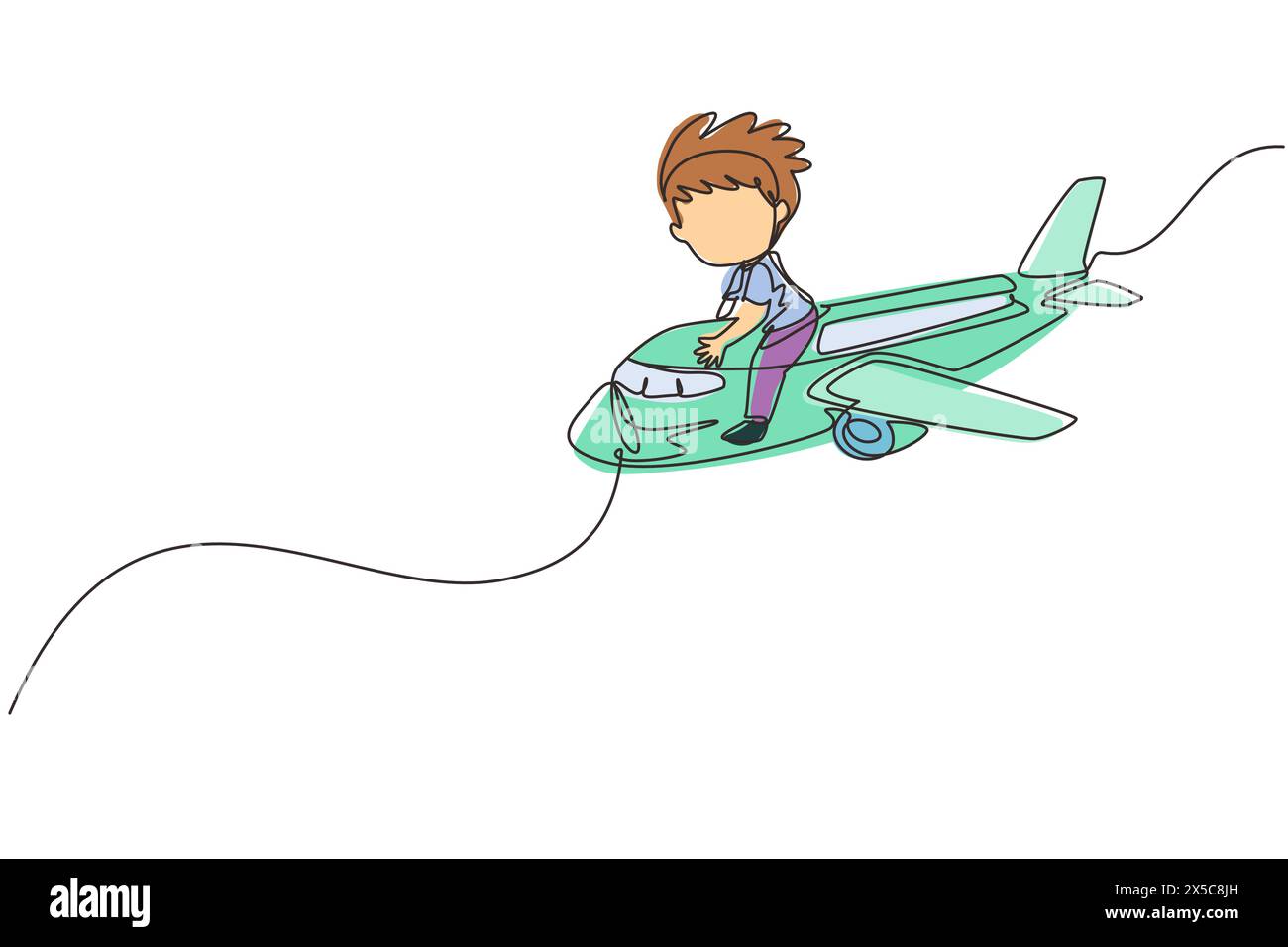 Single continuous line drawing cute little boy riding plane. Happy kids ...