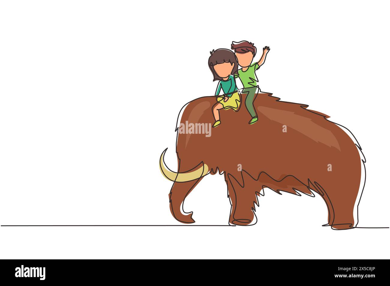 Continuous one line drawing little boy and girl caveman riding woolly ...