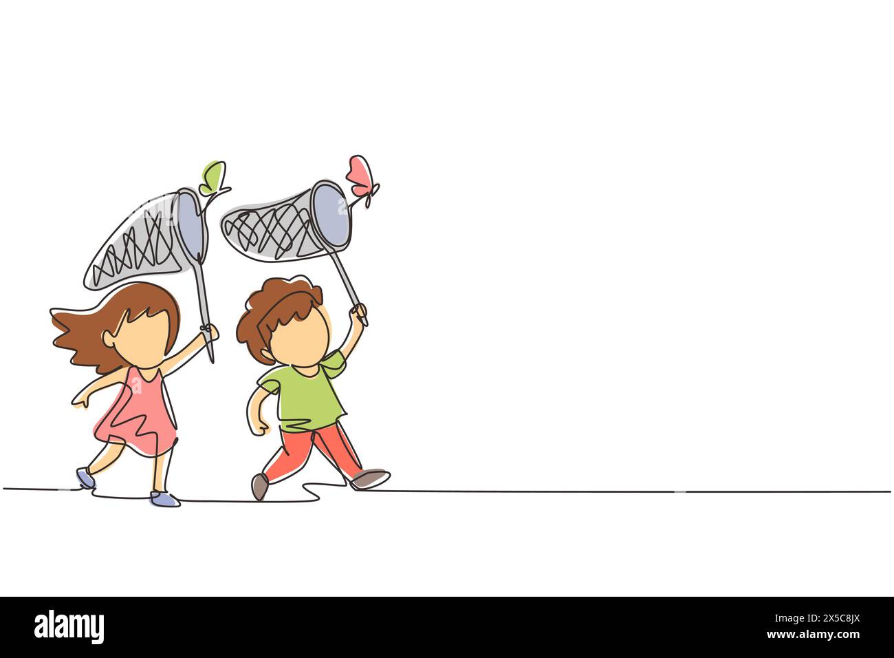 Continuous one line drawing cute little boys and girls catches ...
