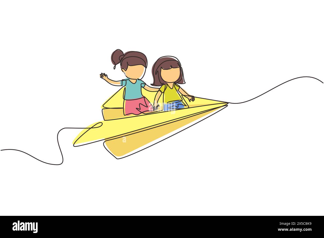 Continuous one line drawing Happy two little girls flying on paper ...