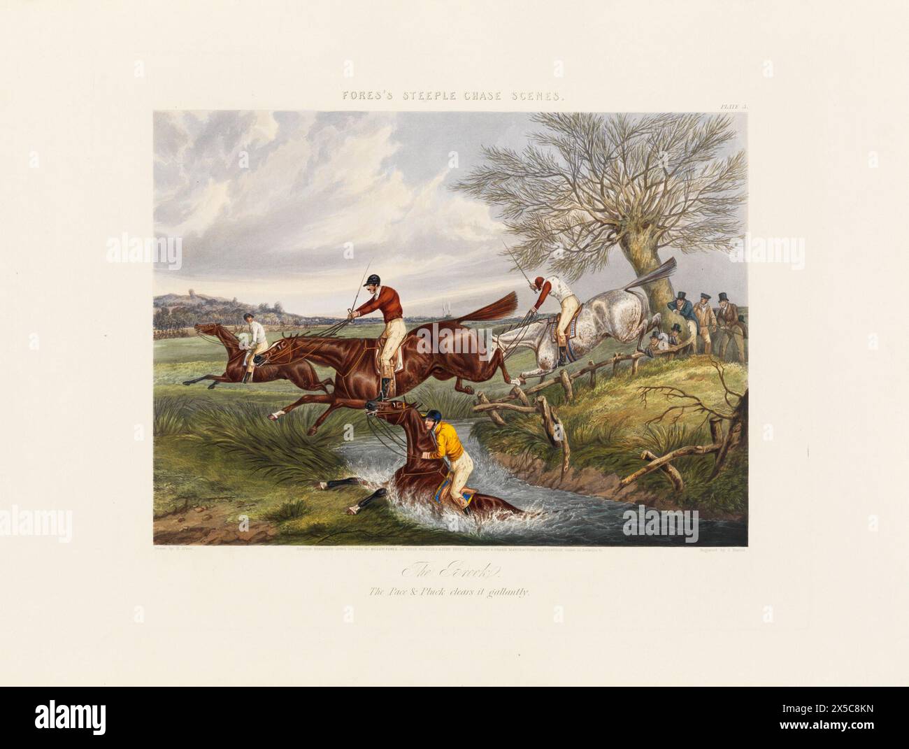 The Brook. Horseback riders crossing a large stream. Antique Lithograph ...