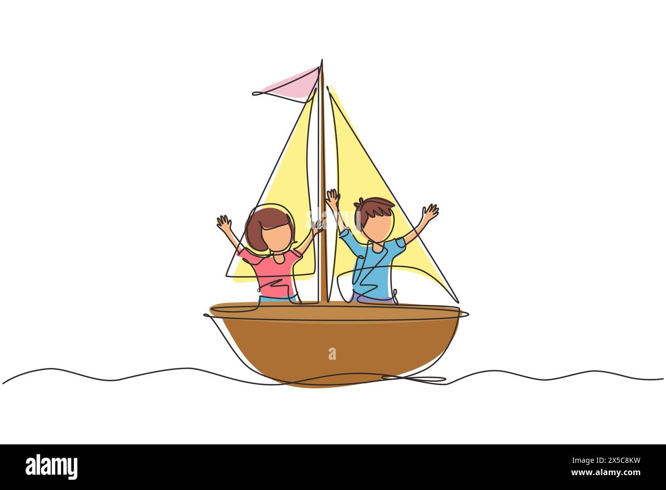 Continuous one line drawing smiling boy and girl in sailboat together ...