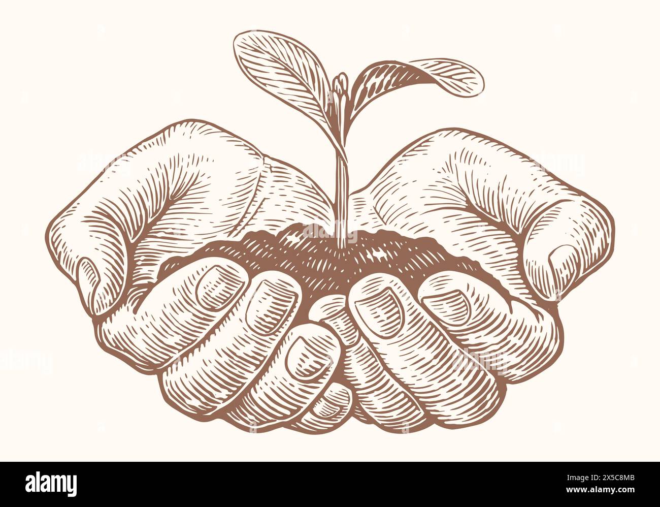 Pair of hands holds soil from center of which young sprout of plant ...