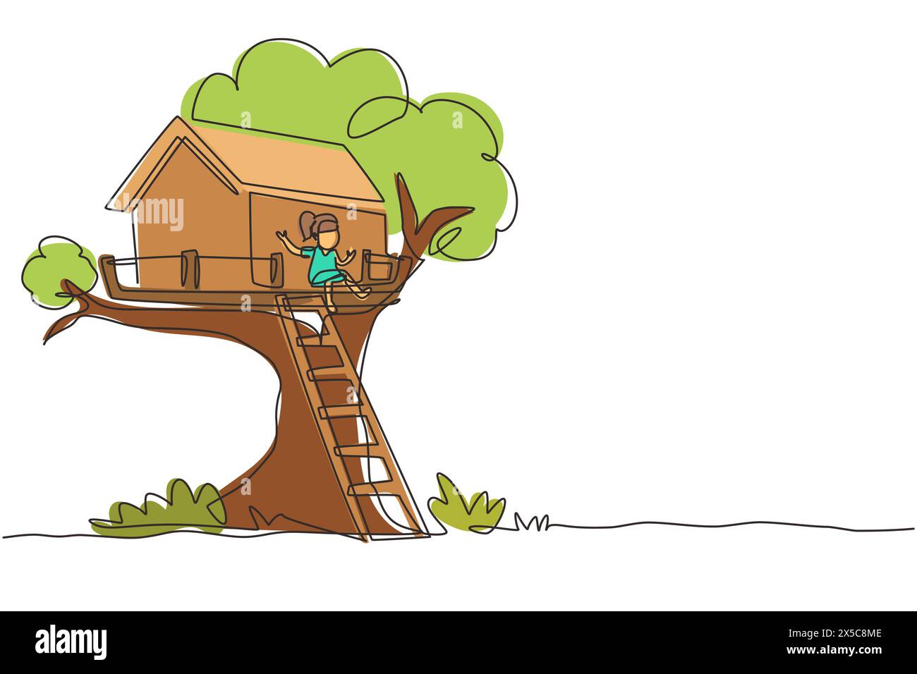 Single continuous line drawing happy child on tree house, little girl ...