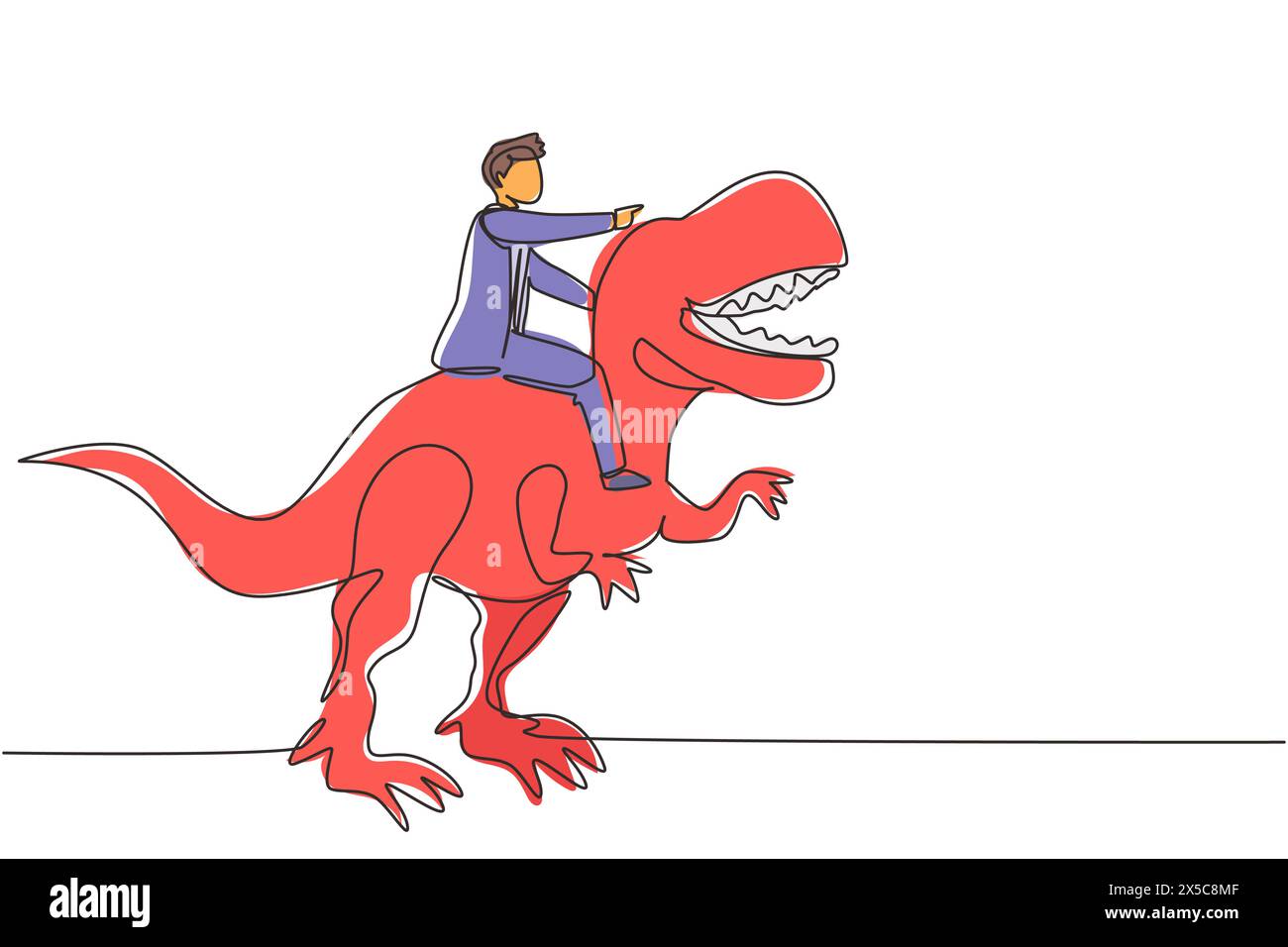 Single continuous line drawing brave businessman riding huge dangerous ...