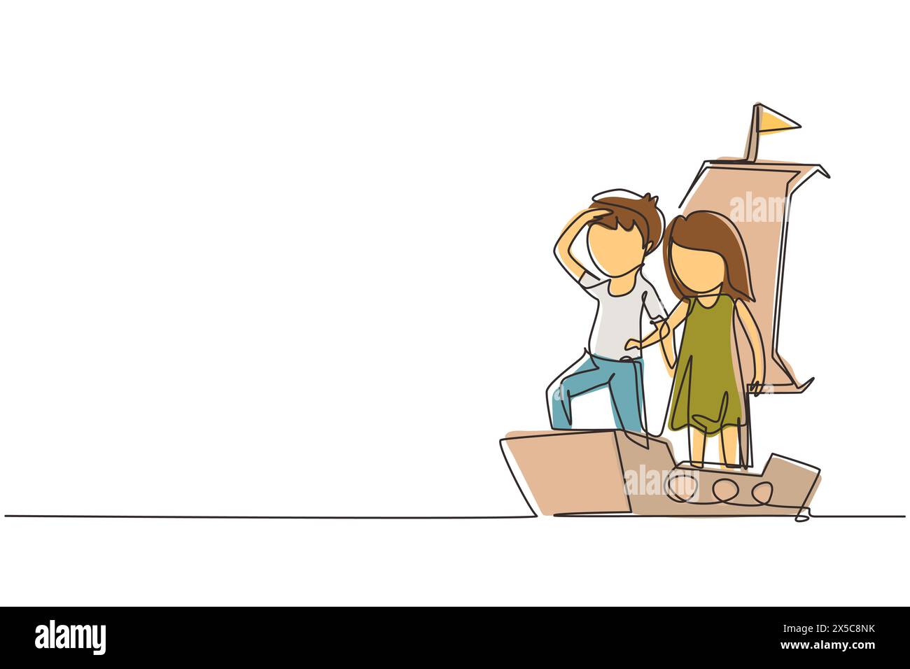 Single continuous line drawing little boy and girl playing sailor with ...