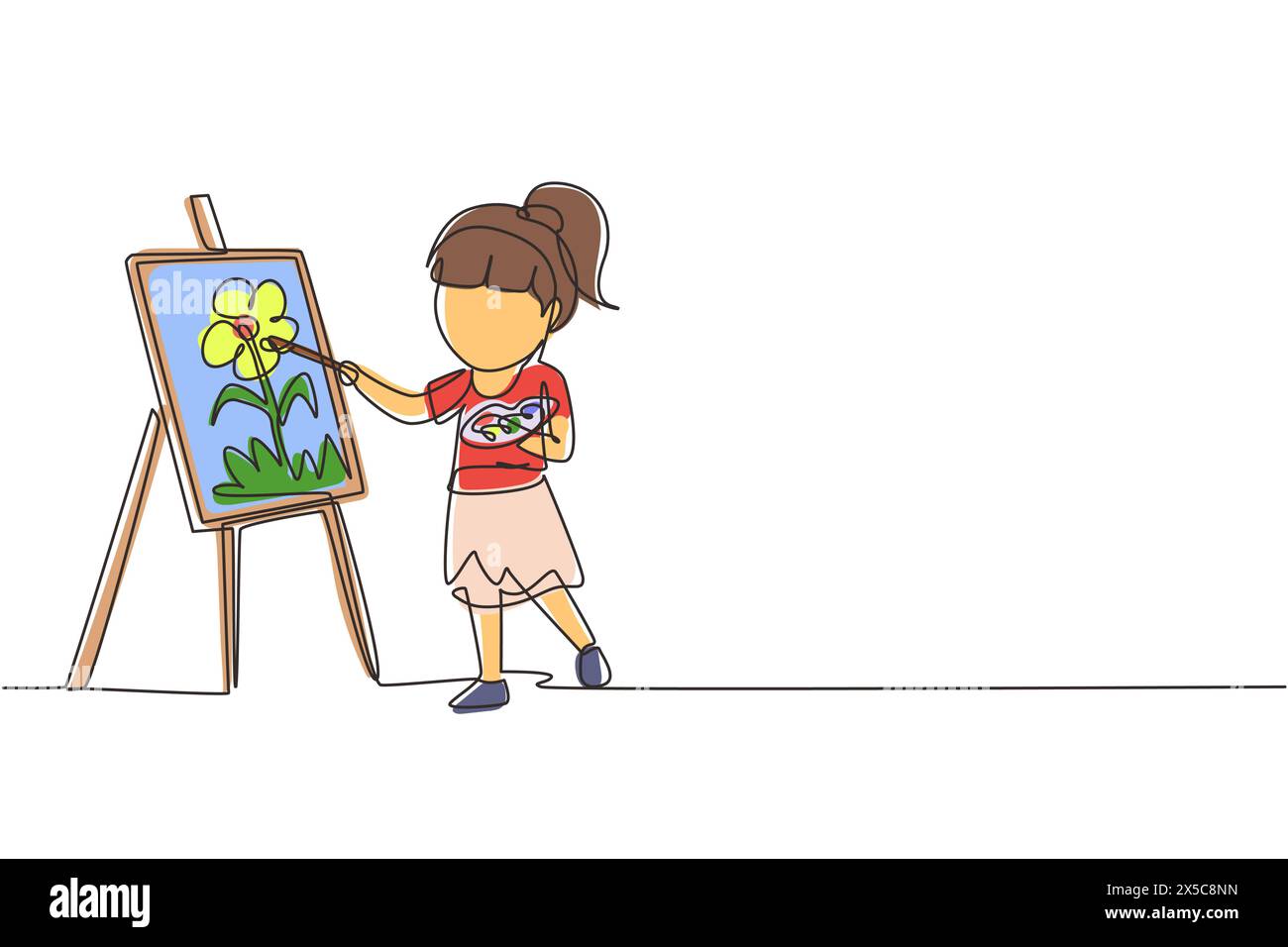 Single one line drawing happy cute little kid girl draw on canvas ...