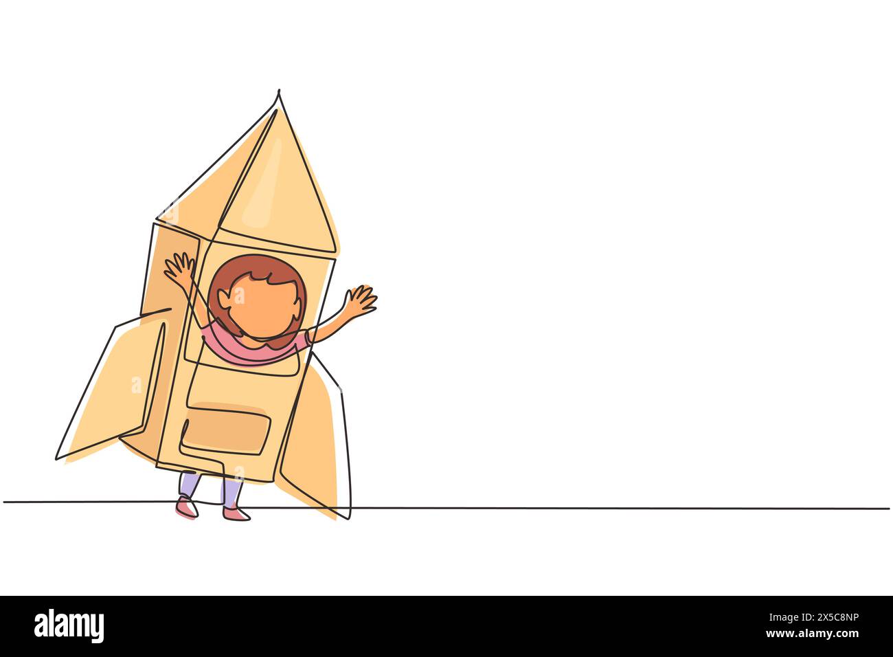 Single continuous line drawing cute creative little boy playing as ...