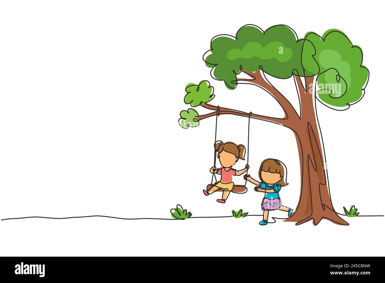 Single one line drawing happy two girls playing on tree swing. Cheerful ...