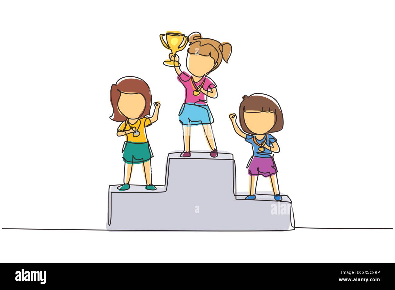 Single continuous line drawing cute girl standing on podium as sport ...