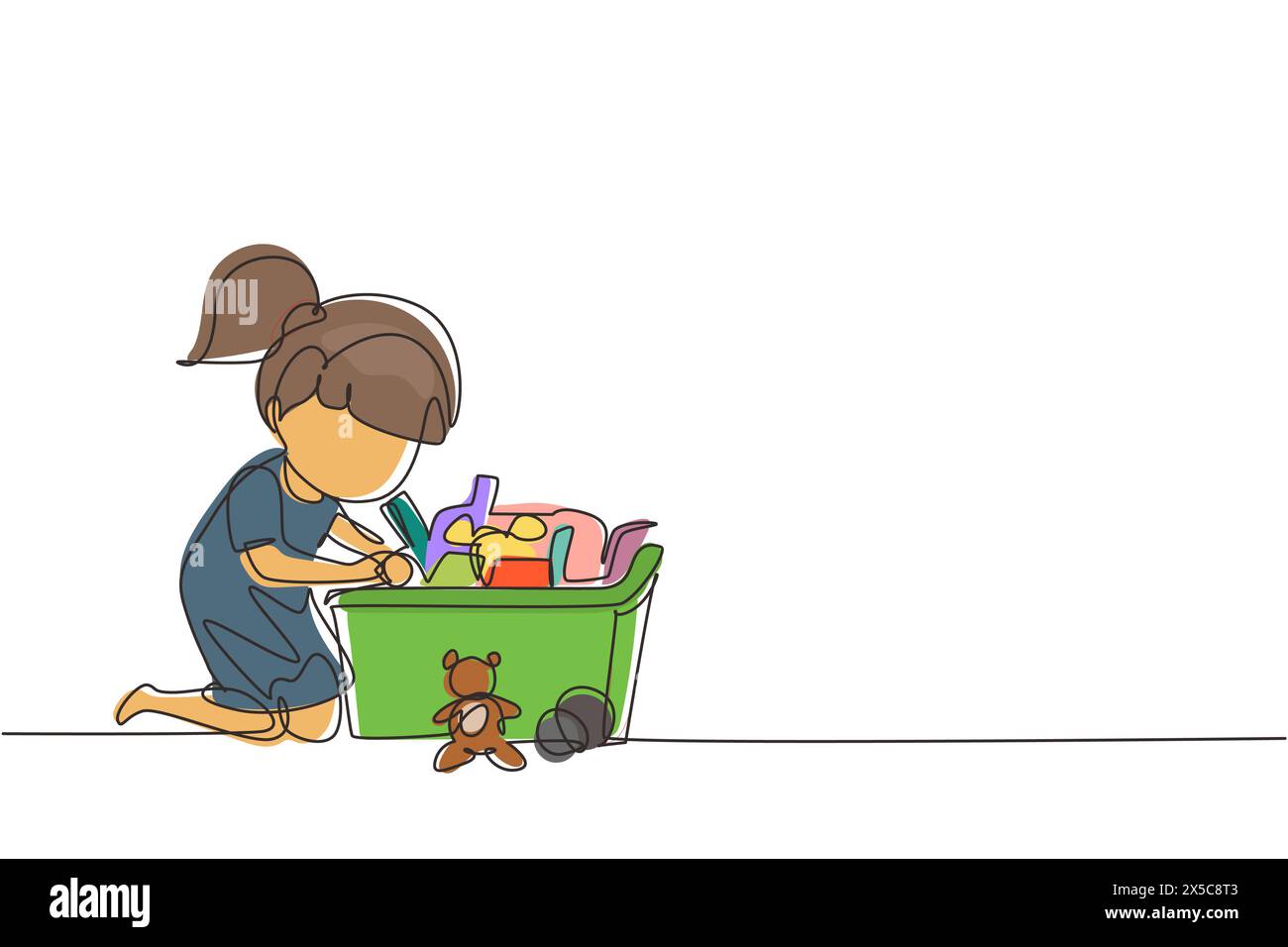 Continuous one line drawing little girl putting her toys into box. Kids ...