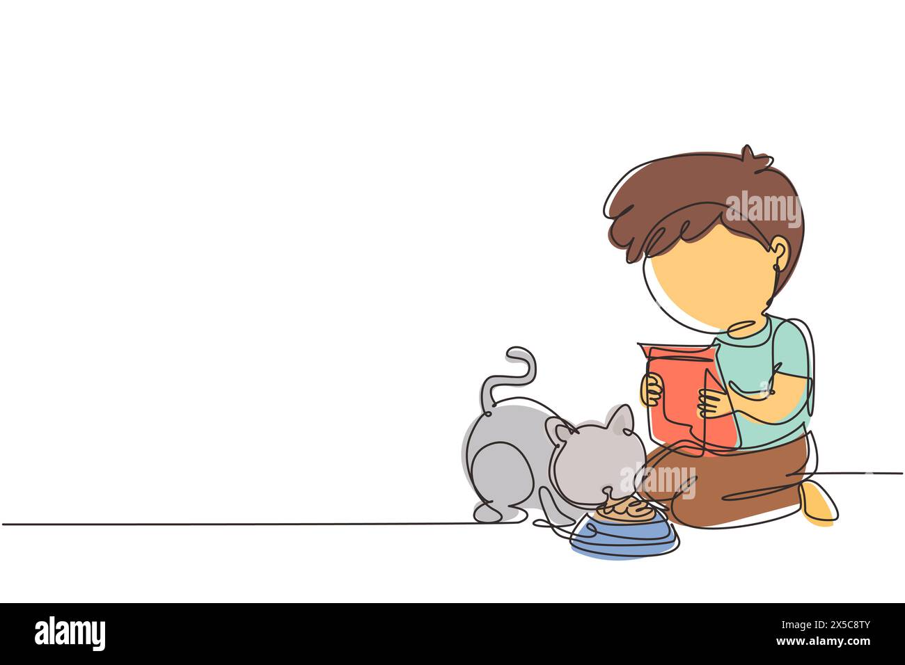 Single one line drawing cute smiling little boy feeding his kitten ...