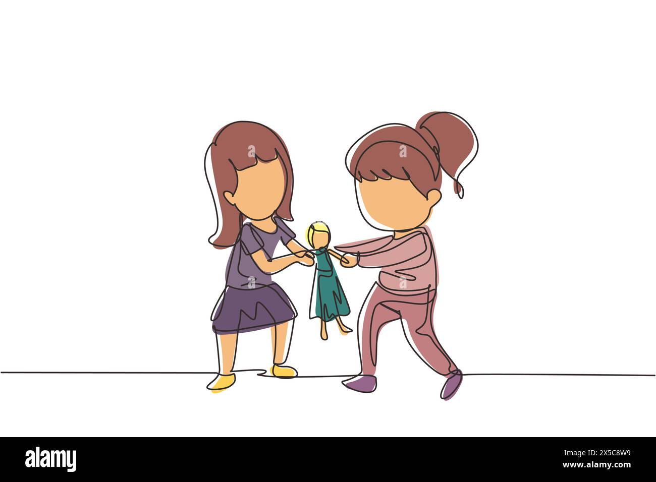 Single one line drawing two little girls fighting over a princess doll ...