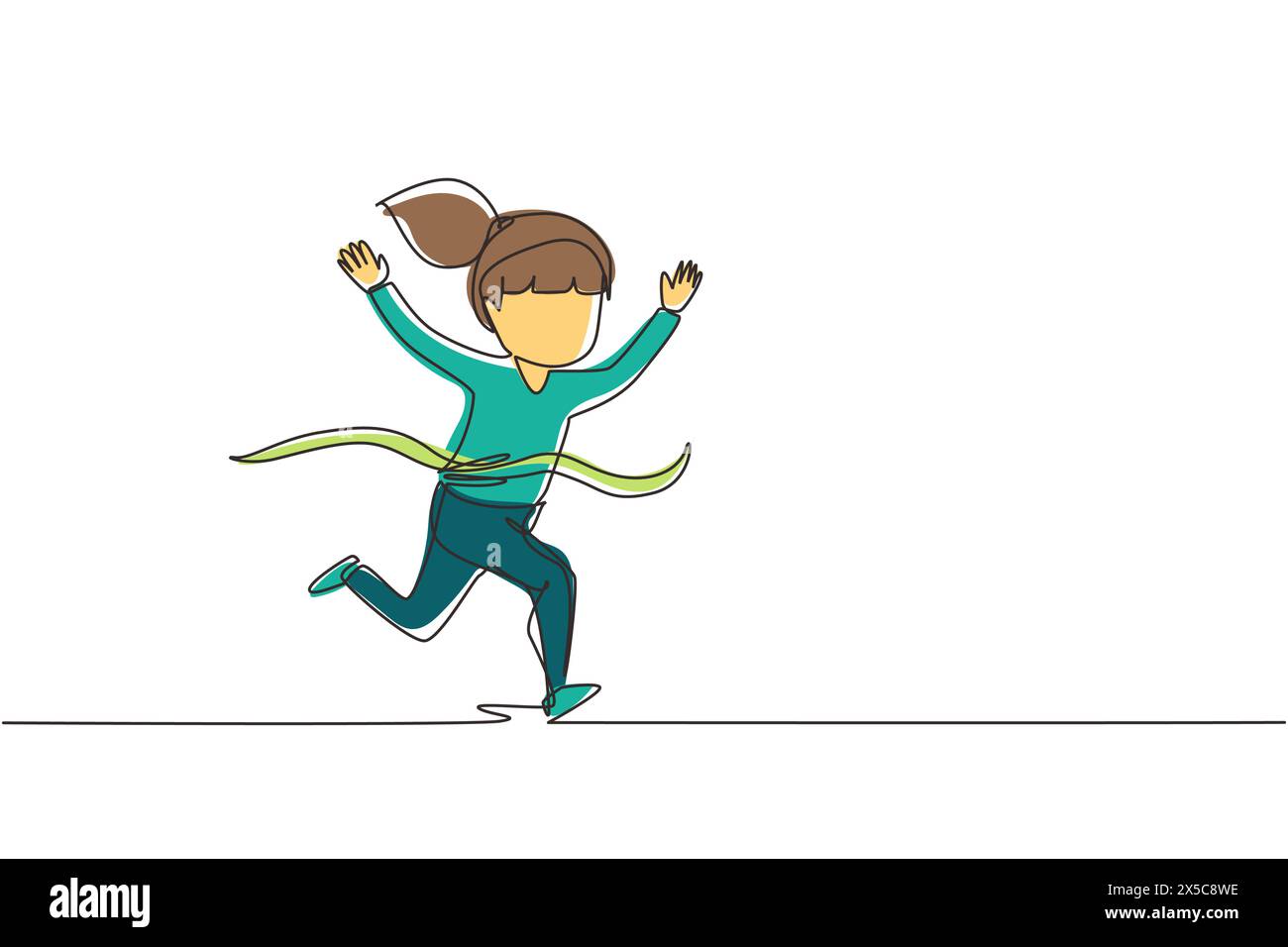 Continuous one line drawing cute girl run in race and win first place ...