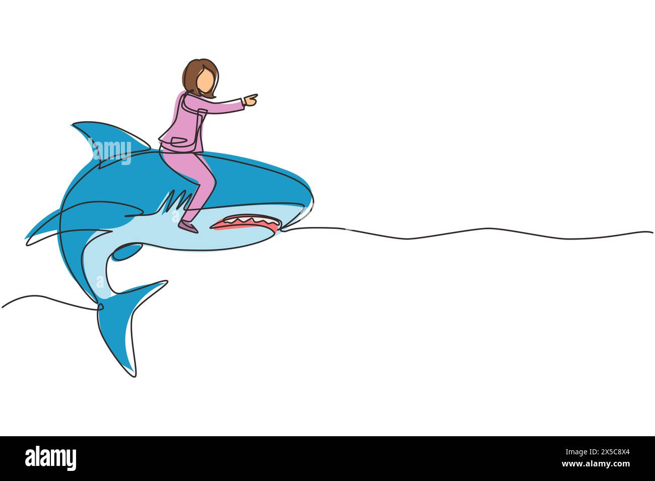 Single one line drawing brave businesswoman riding huge dangerous shark ...