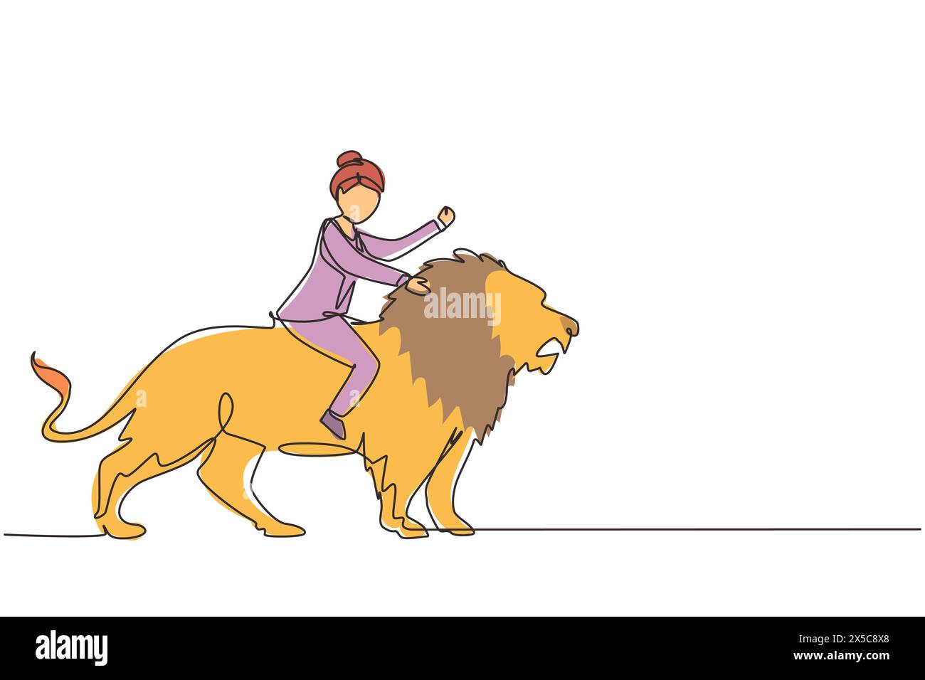 Single one line drawing businesswoman riding lion symbol of success ...