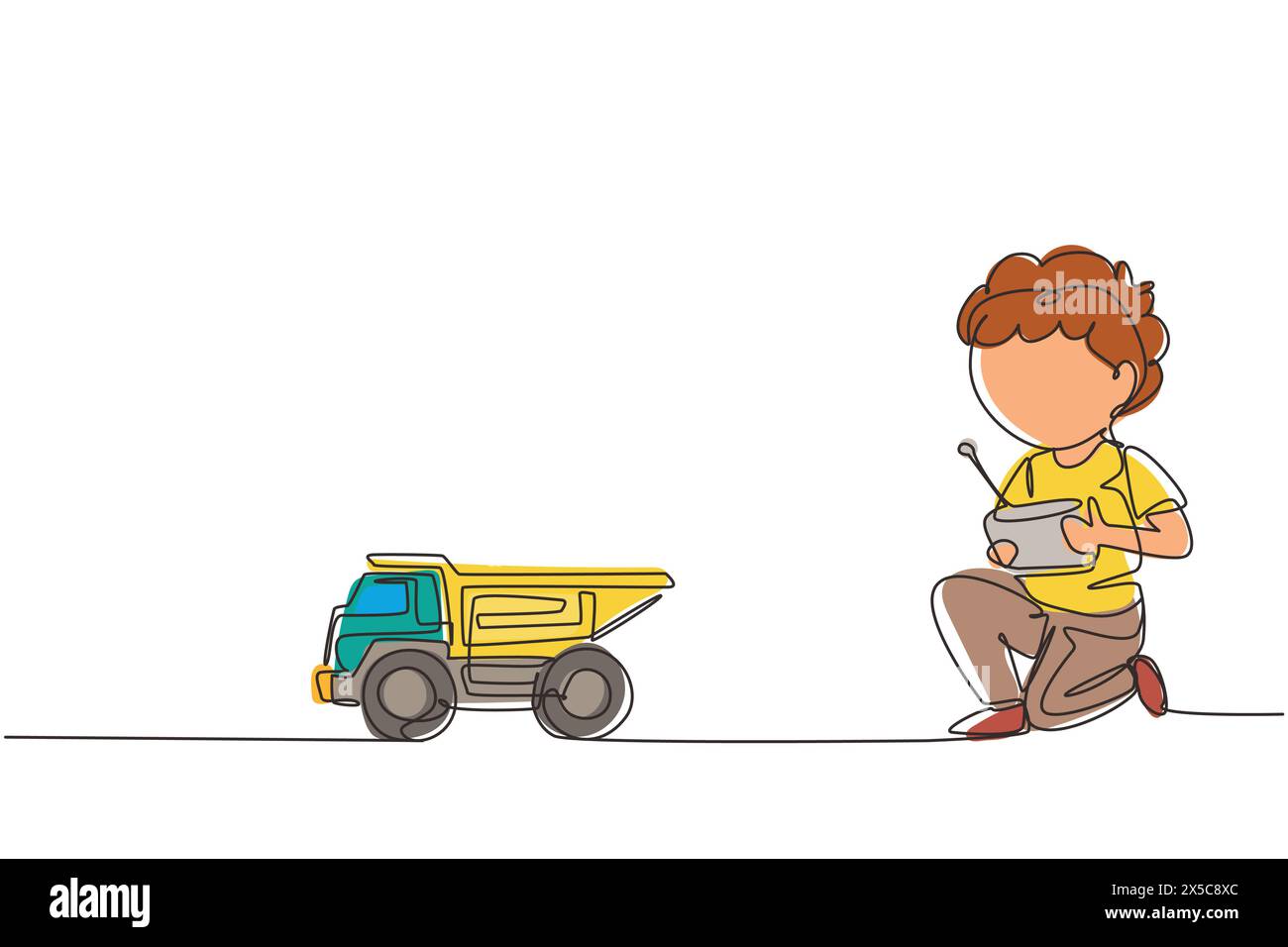 Single continuous line drawing boy playing with remote-controlled dump ...