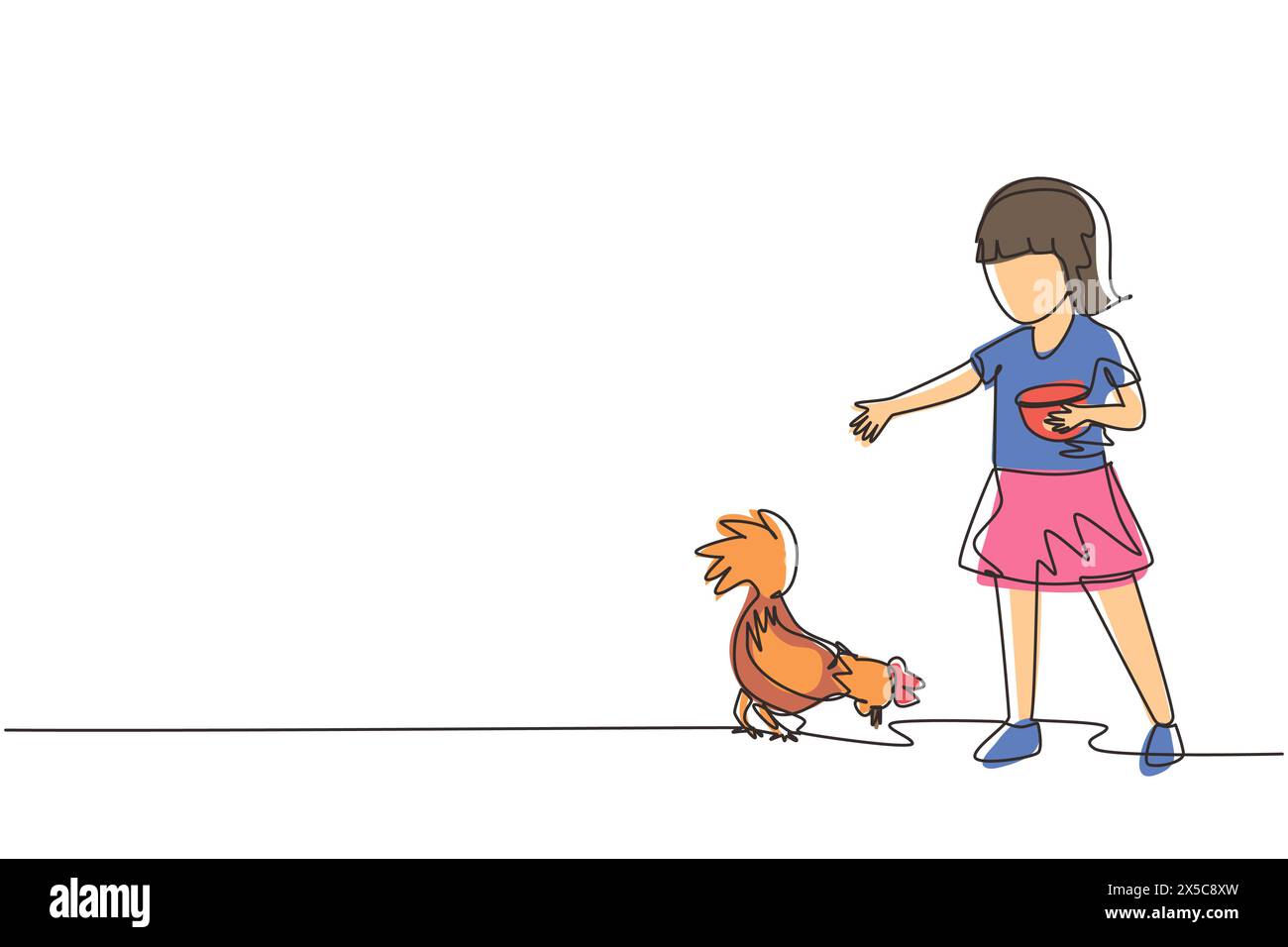 Single continuous line drawing happy little girl feeding chicken. Kid ...