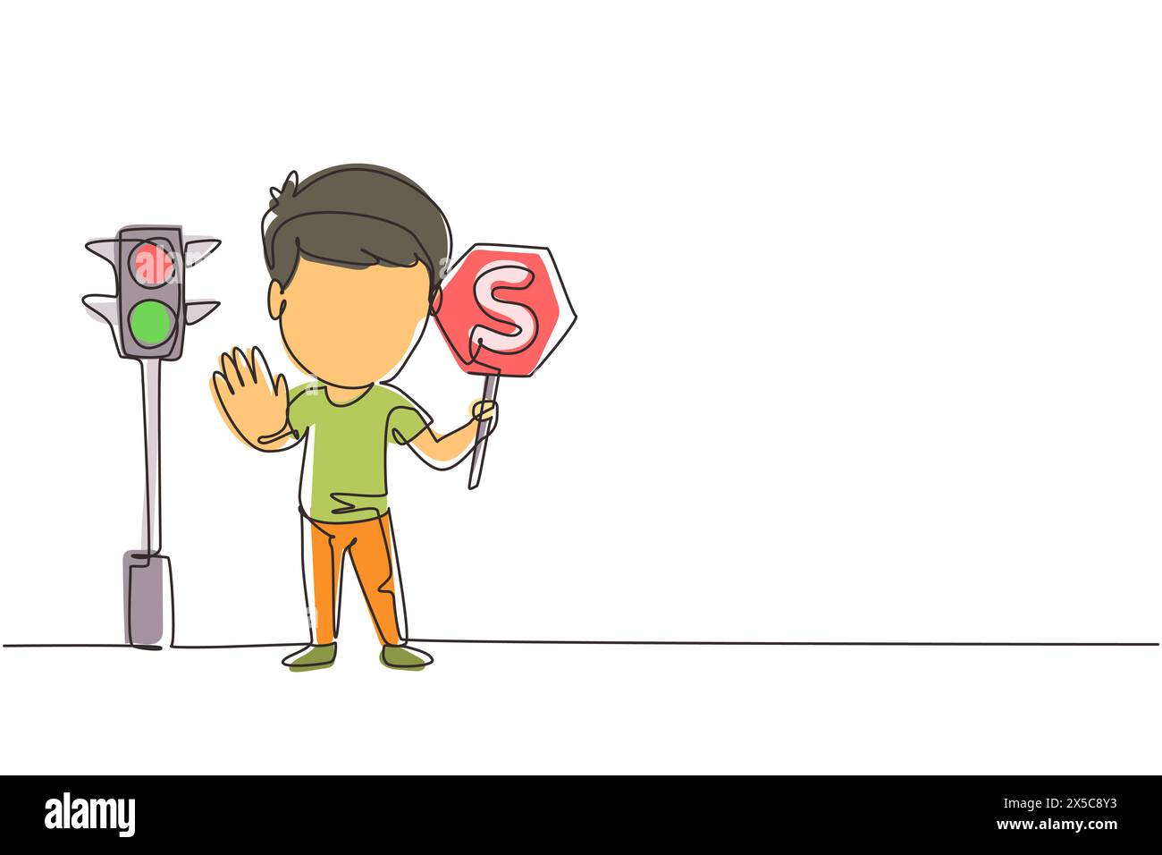 Single continuous line drawing little boy holding stop sign in arm ...