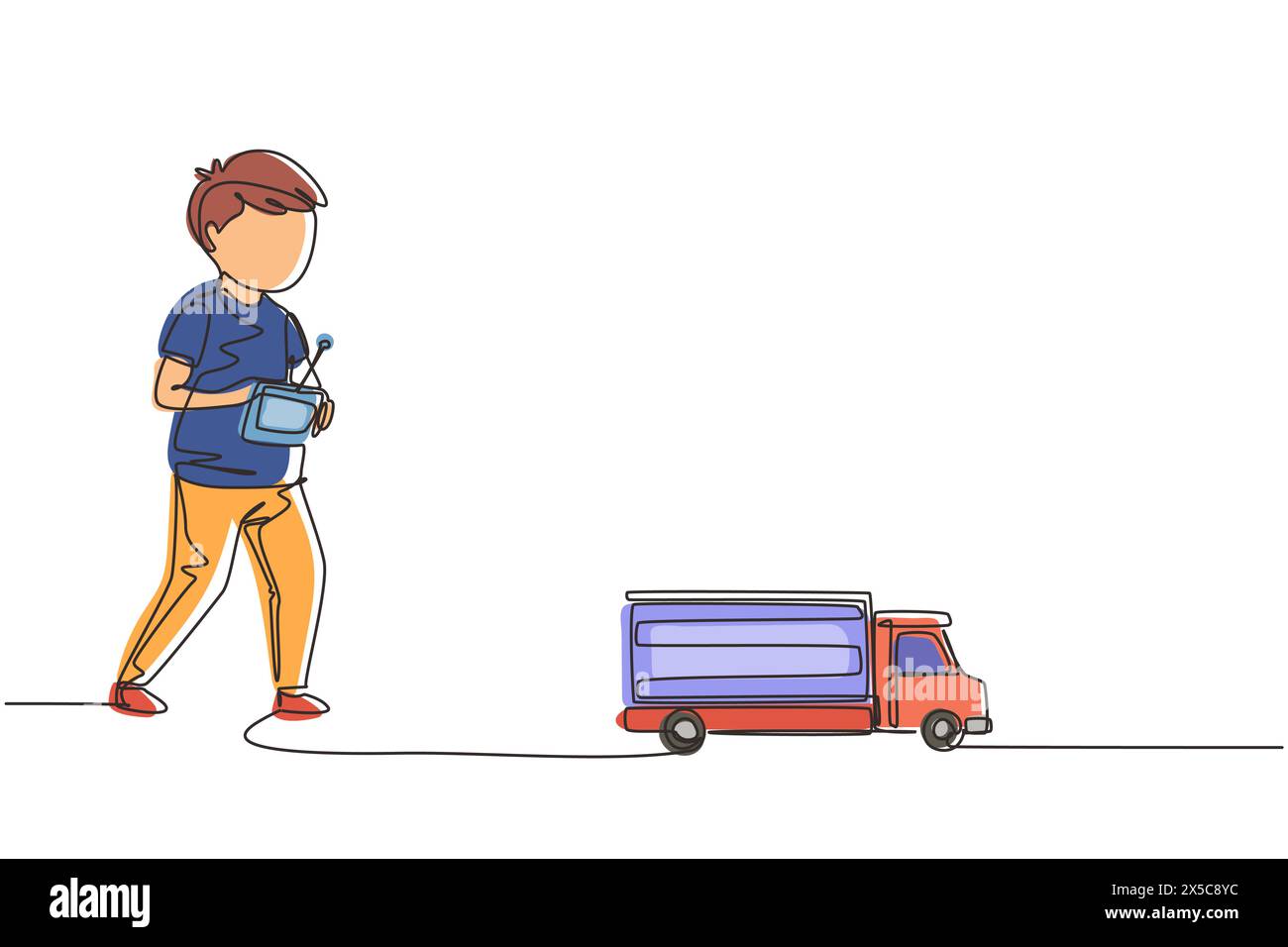Single continuous line drawing boy playing with remote-controlled cargo ...