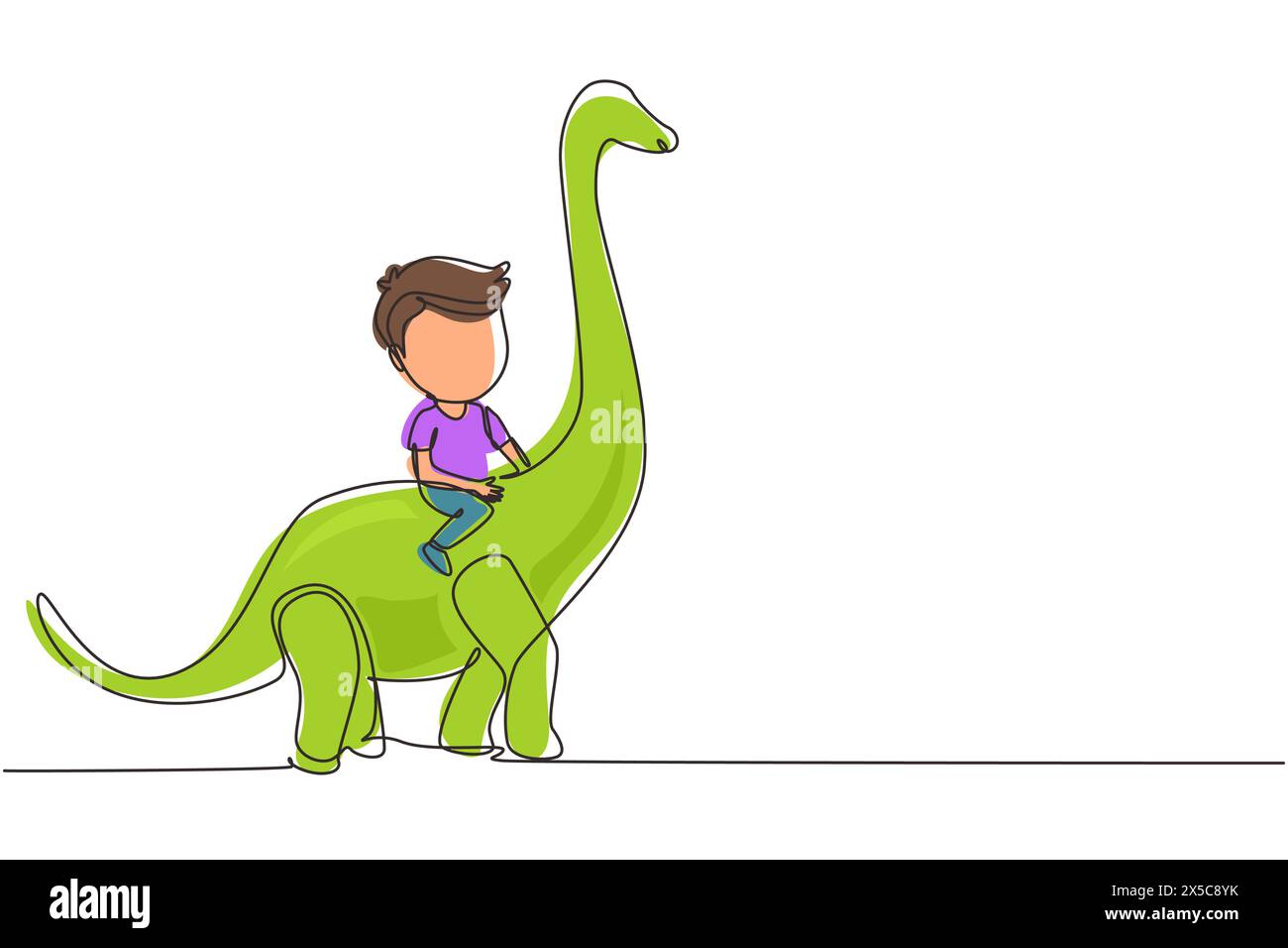 Continuous one line drawing boy caveman riding t-rex tyrannosaurus ...