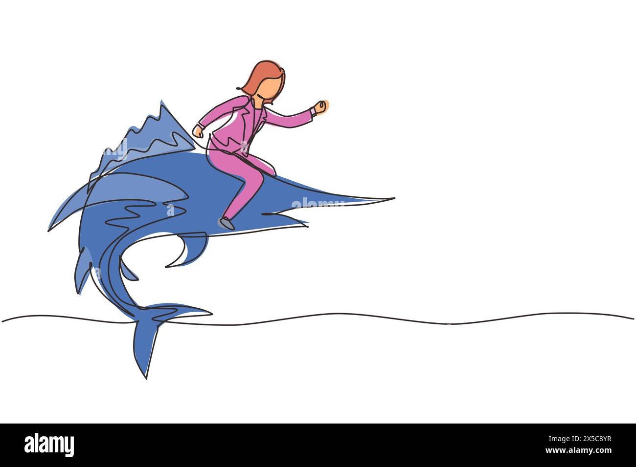 Single continuous line drawing brave businesswoman riding huge ...