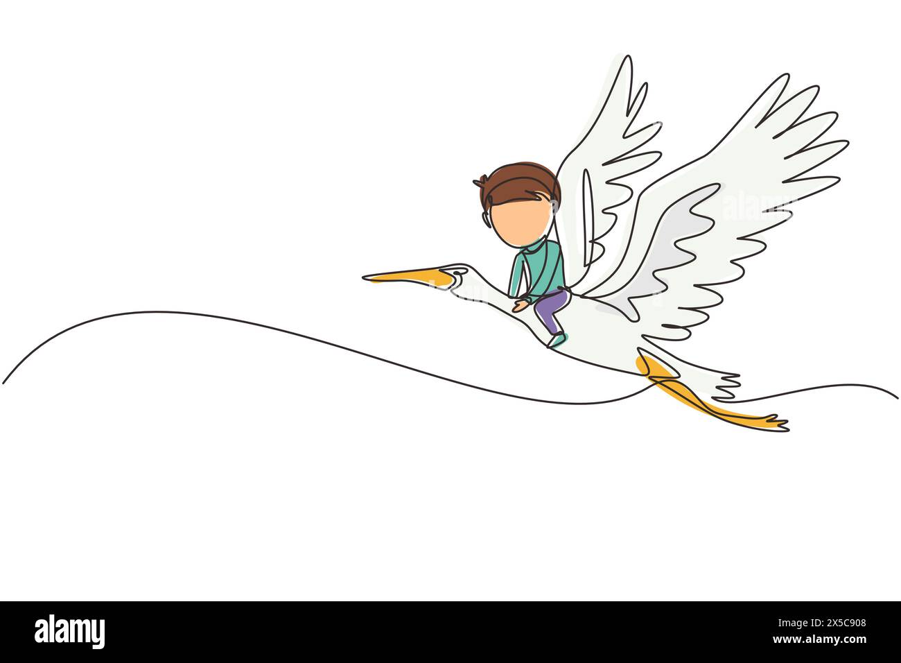 Single one line drawing happy little boy flying with stork. Child fly ...