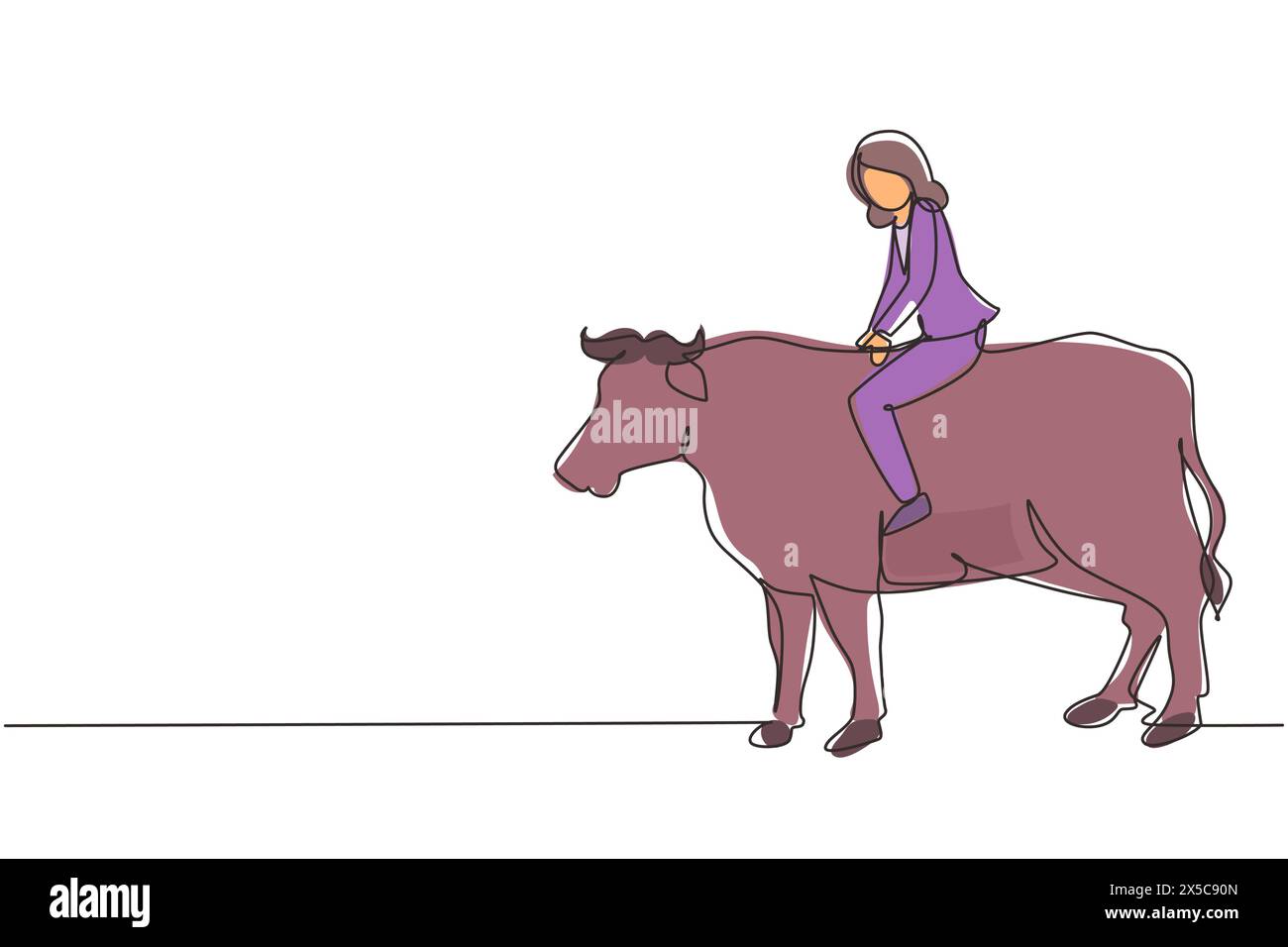 Continuous one line drawing businesswoman riding cow symbol of success ...