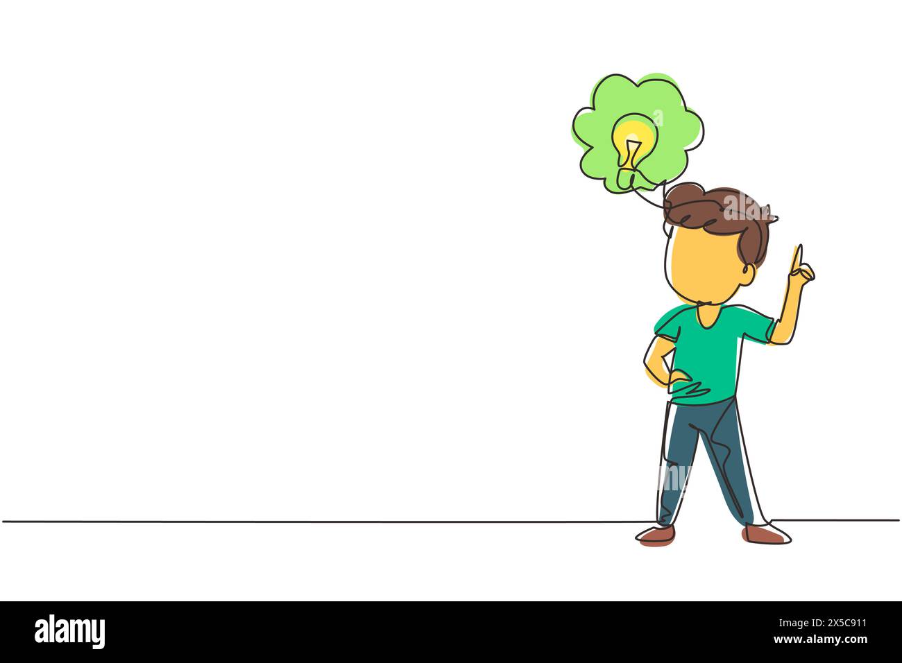 Single one line drawing little boy thinking. Kids think creative idea ...