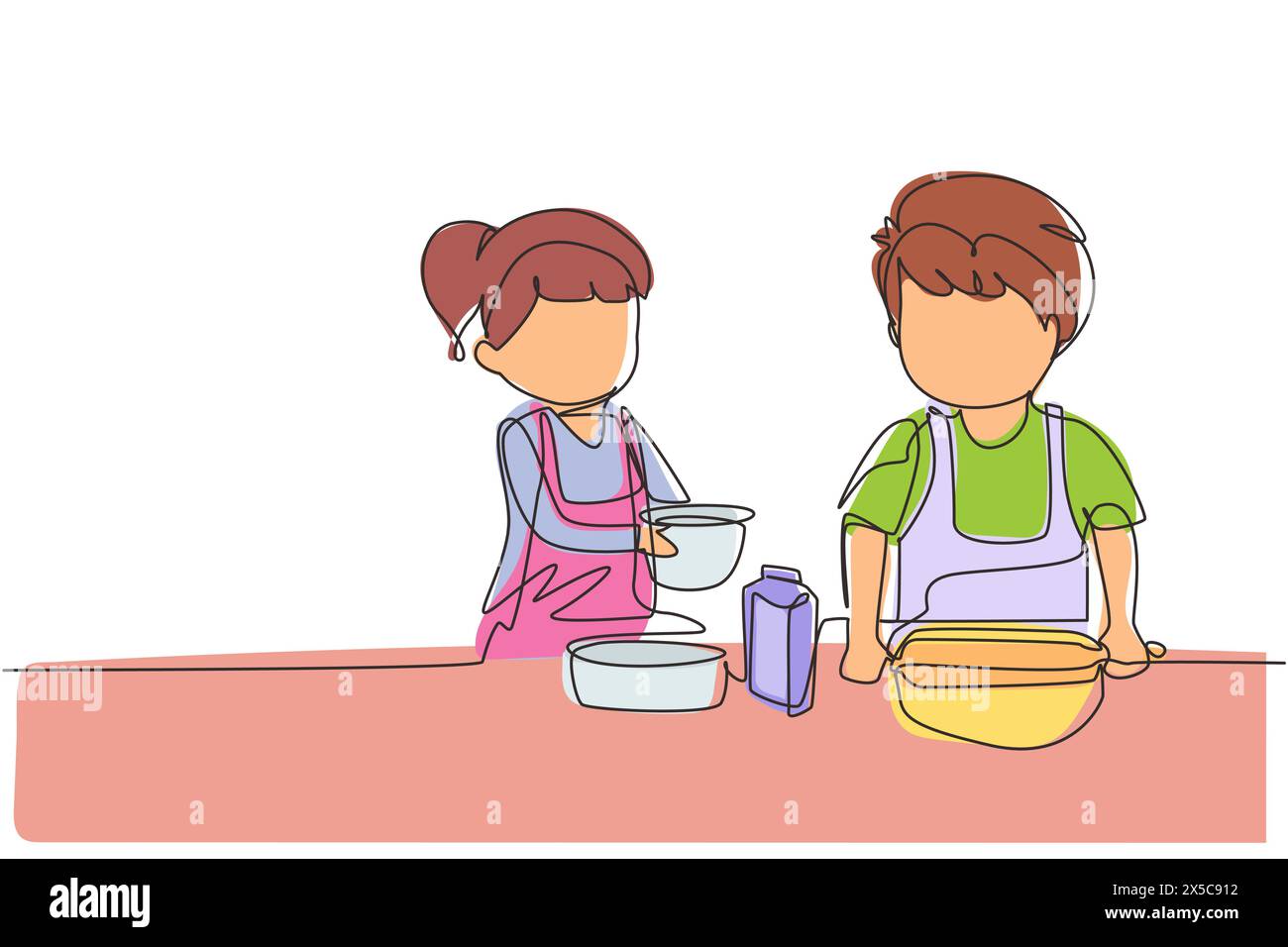Continuous one line drawing siblings boy and girl baking together with ...