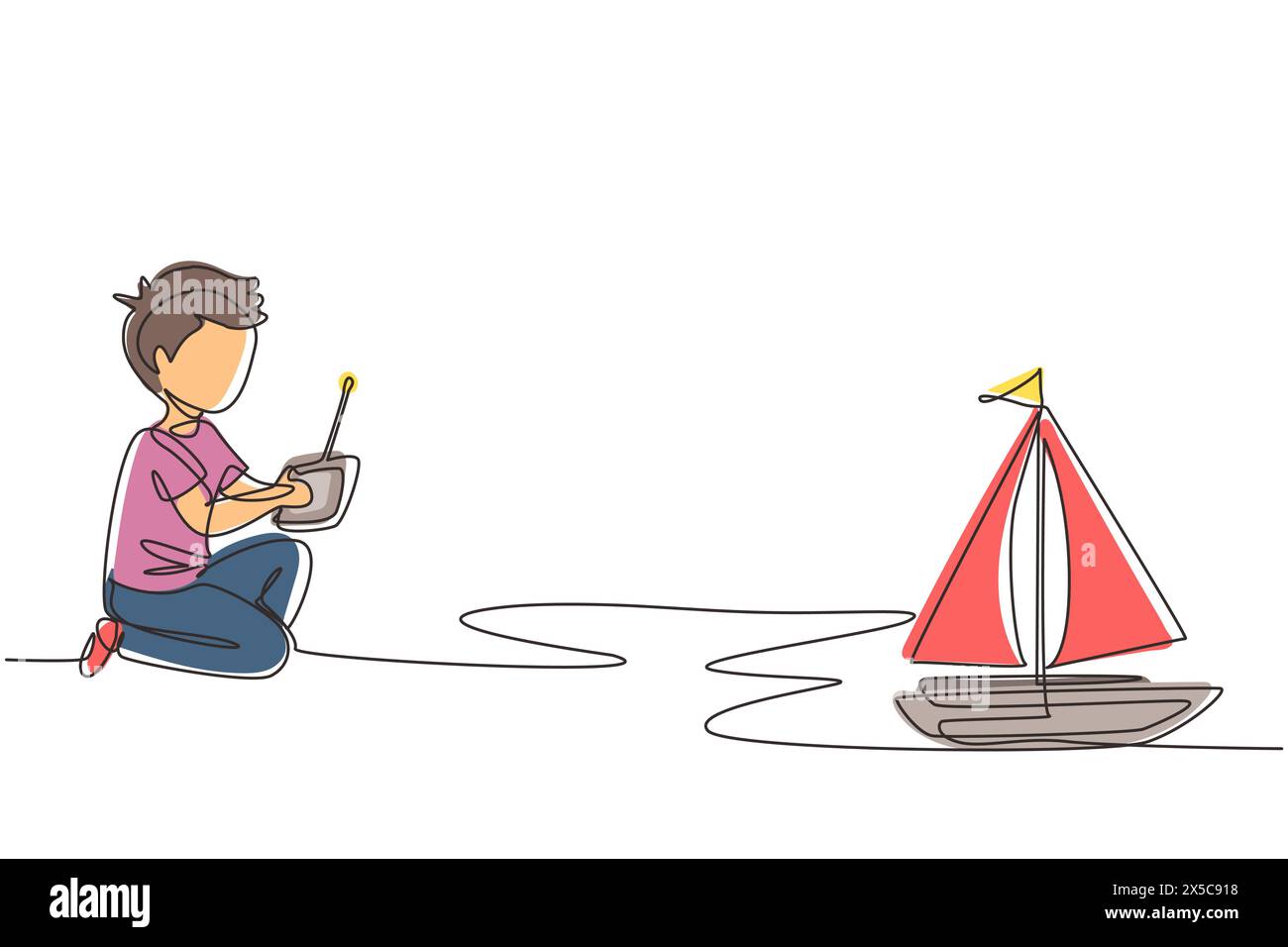 Single continuous line drawing boy playing with remote-controlled ...