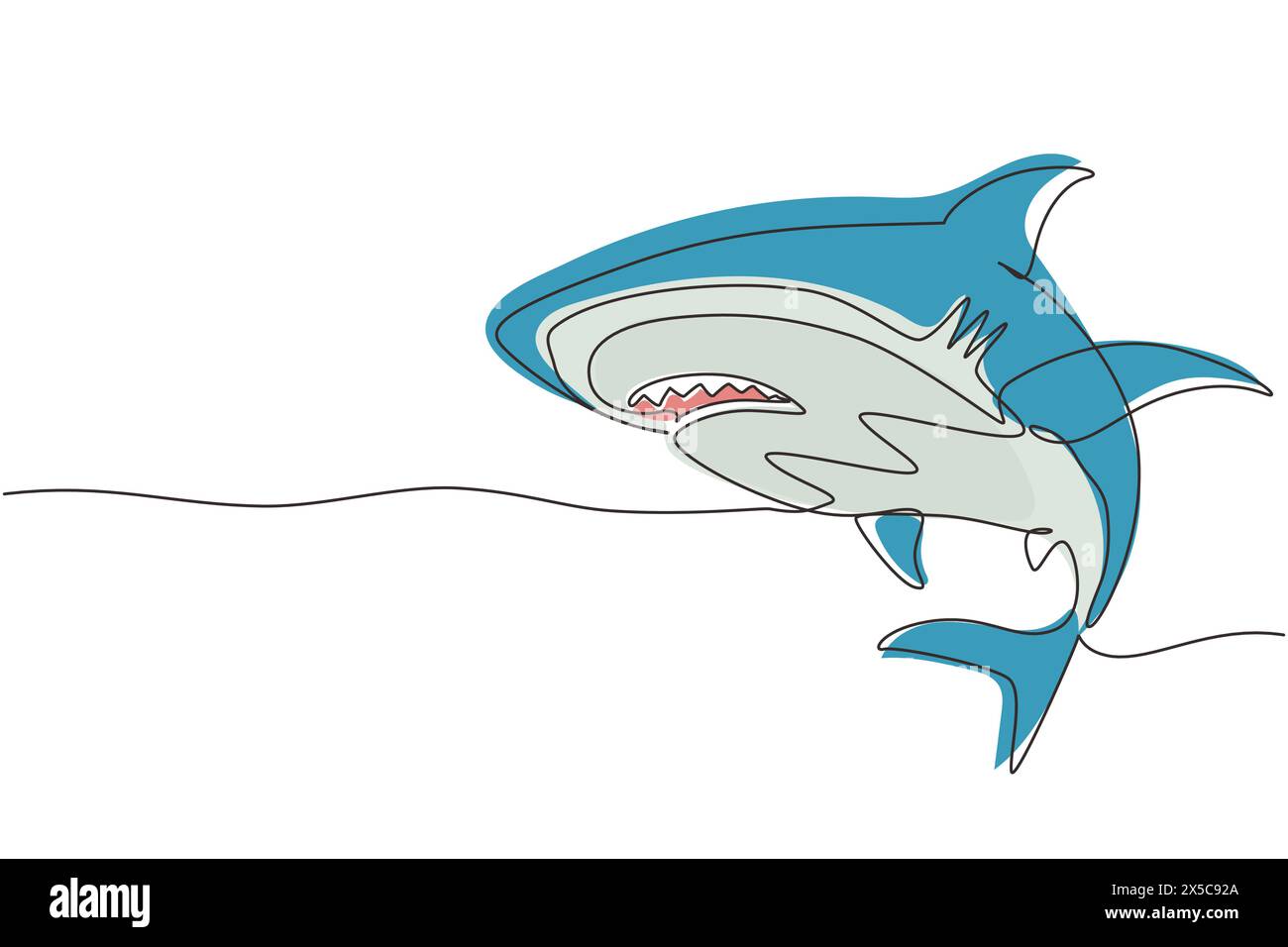 Single one line drawing sharks fish. Shark animals, scary jaws and ocean swimming angry sharks ...