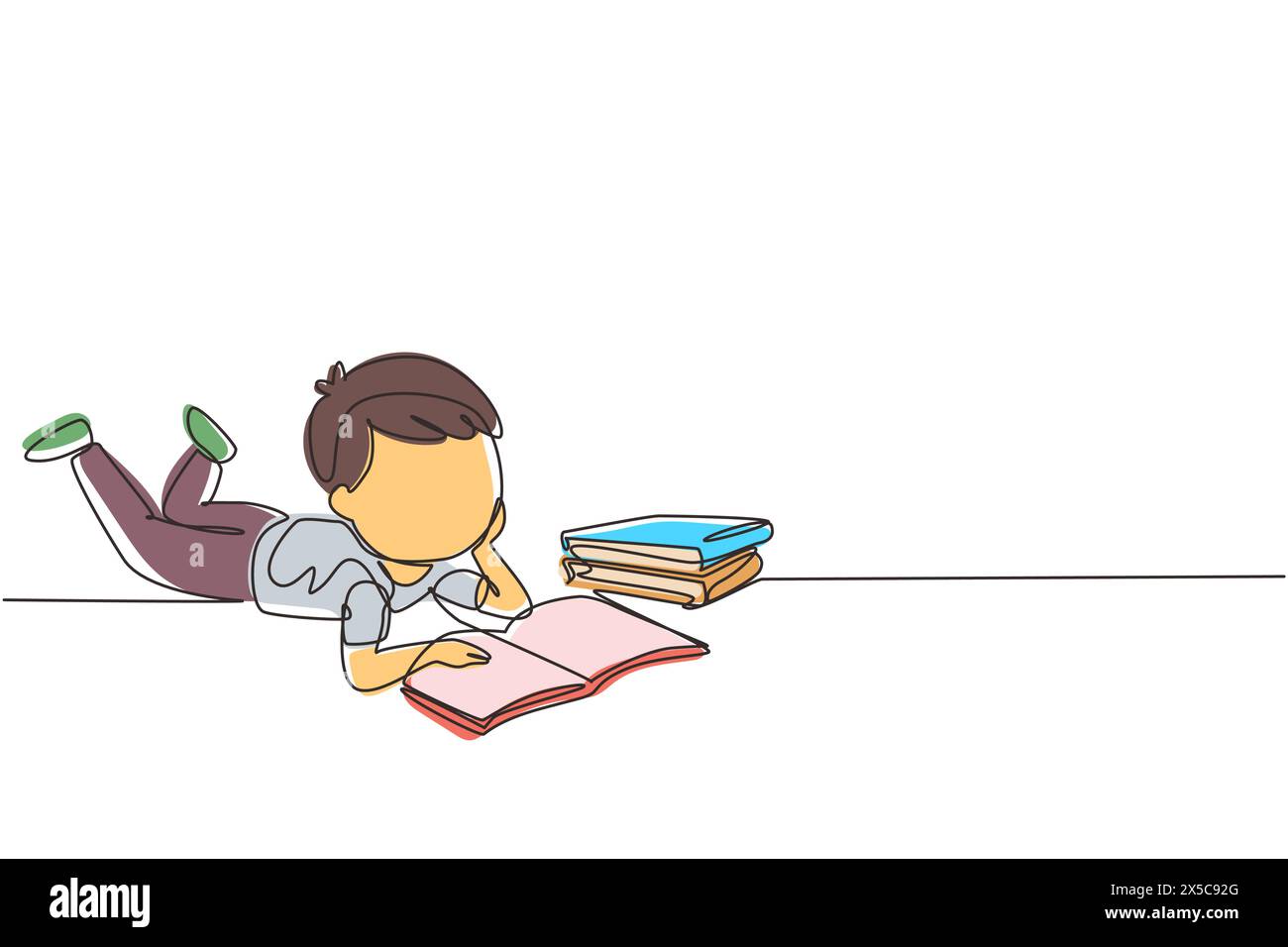 Continuous one line drawing little baby boy is reading book and ...