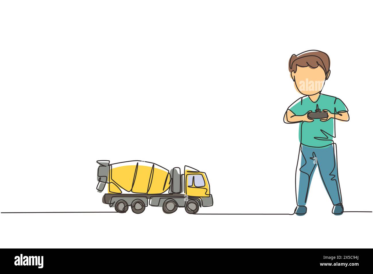 Continuous one line drawing boy playing with remote-controlled mixer ...