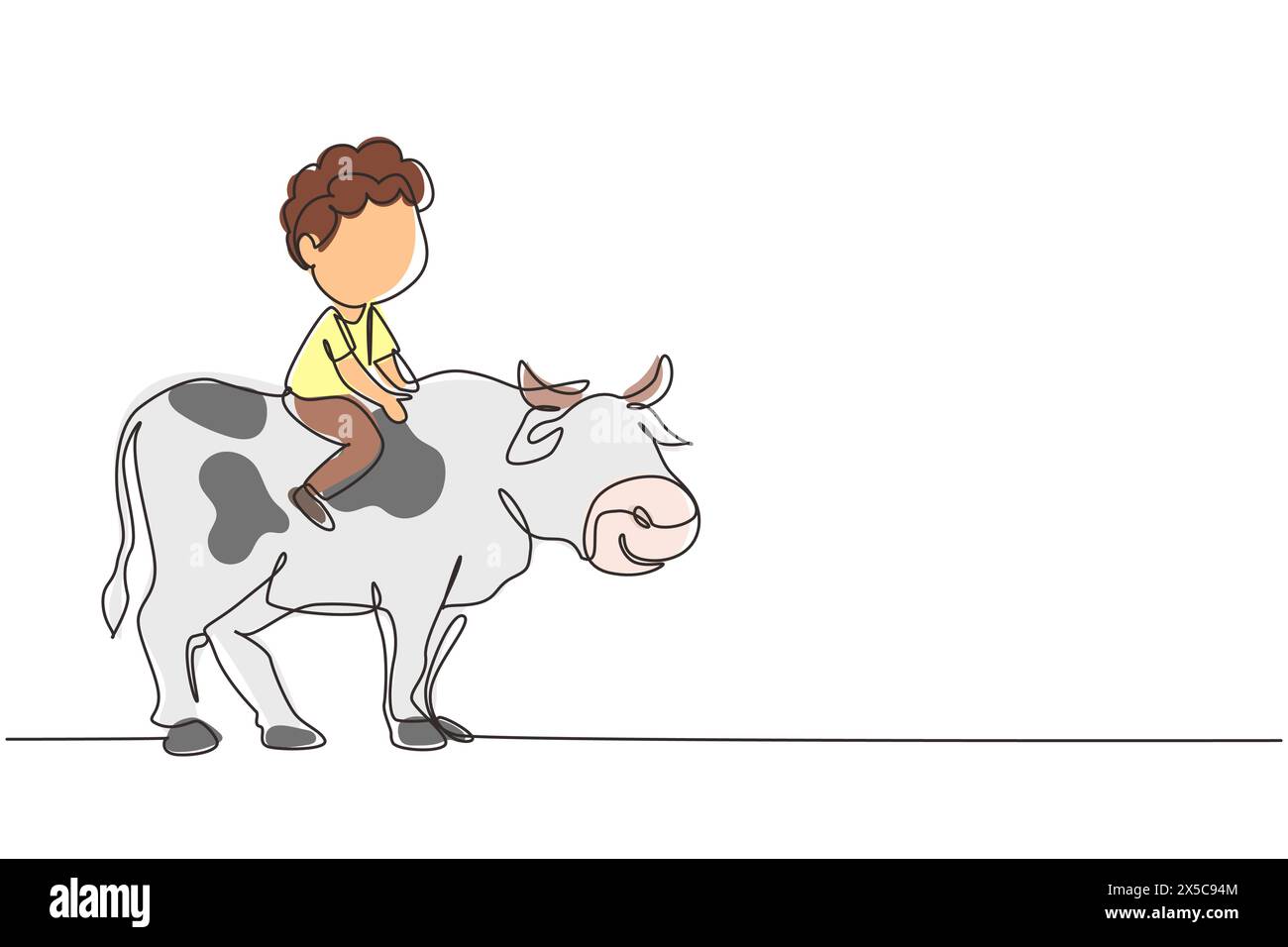 Continuous one line drawing happy little boy riding cow. Cheerful child ...