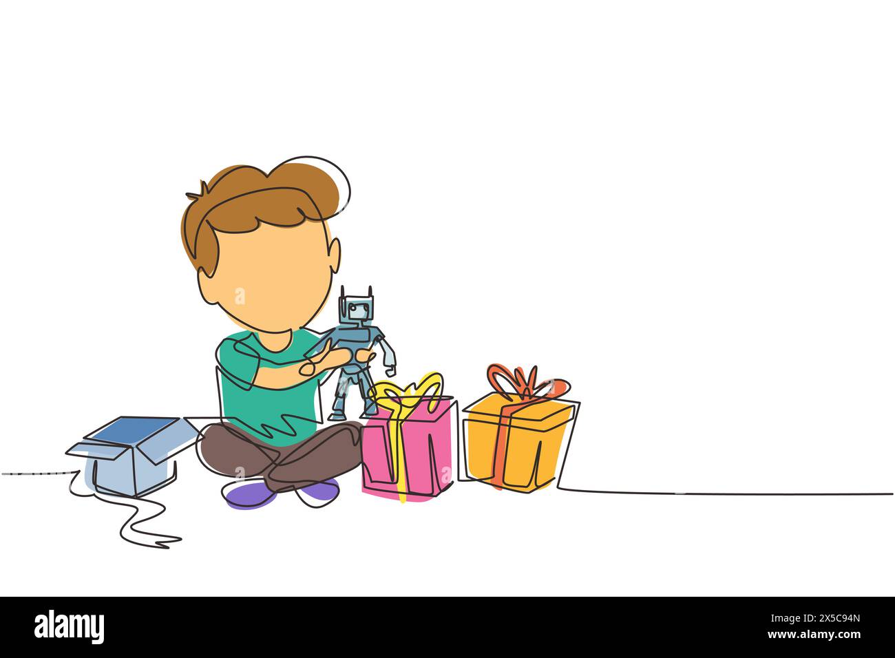 Single continuous line drawing excited little boy kid opening wrapped ...
