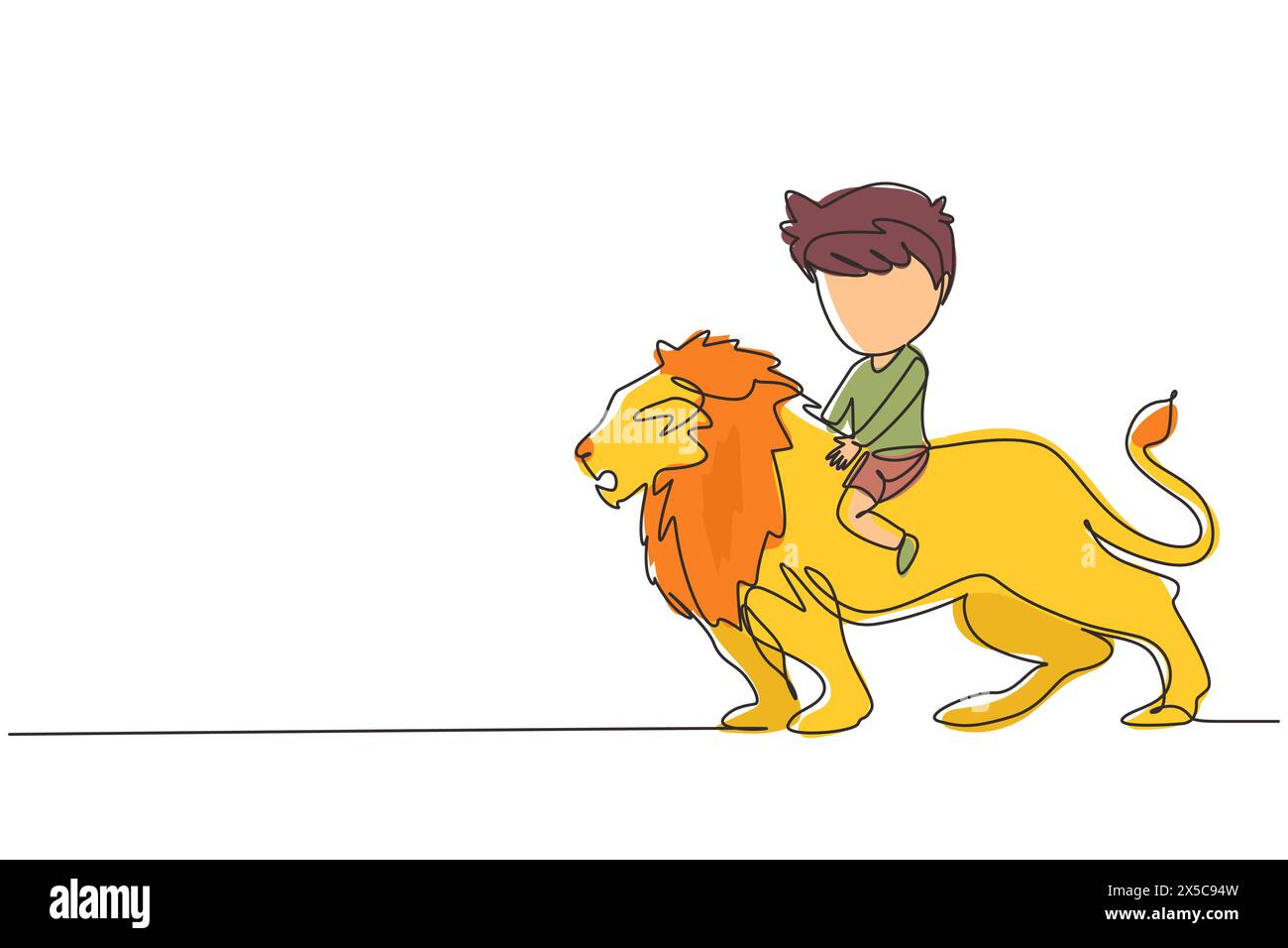 Single continuous line drawing happy little boy riding lion. Child ...