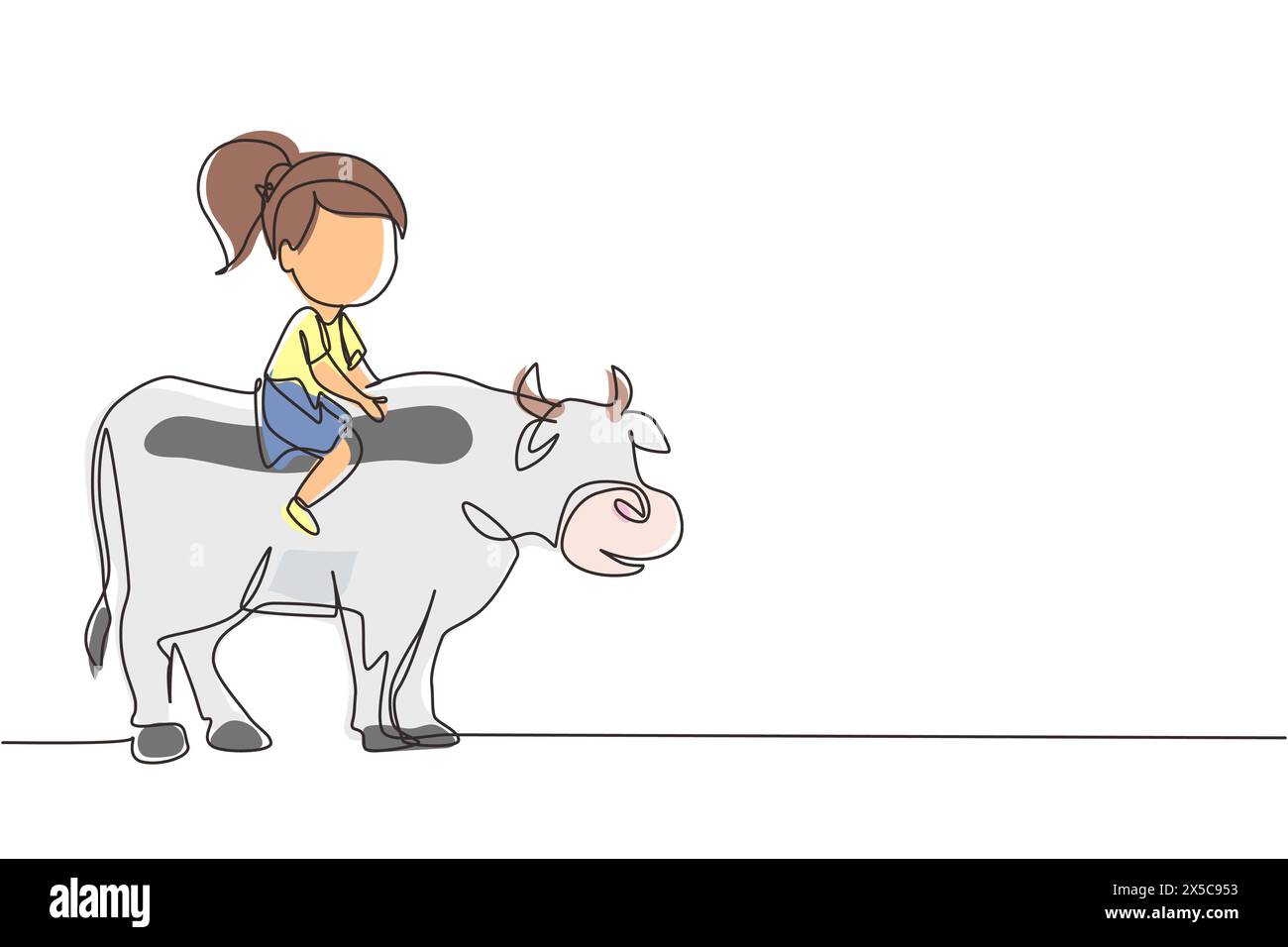 Continuous one line drawing happy little girl riding cow. Cheerful ...
