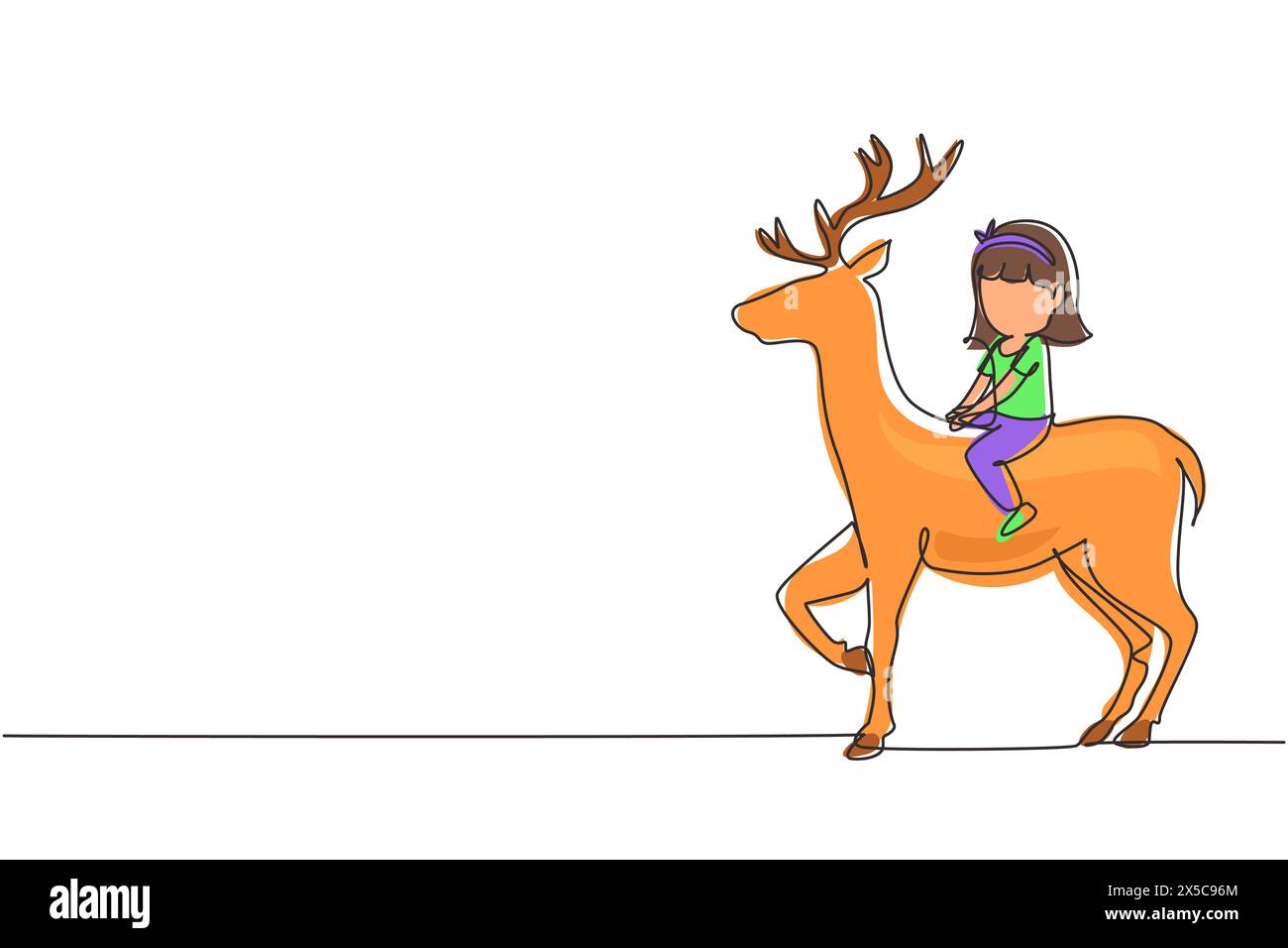 Single continuous line drawing happy little girl riding deer. Child sitting on back deer with ...