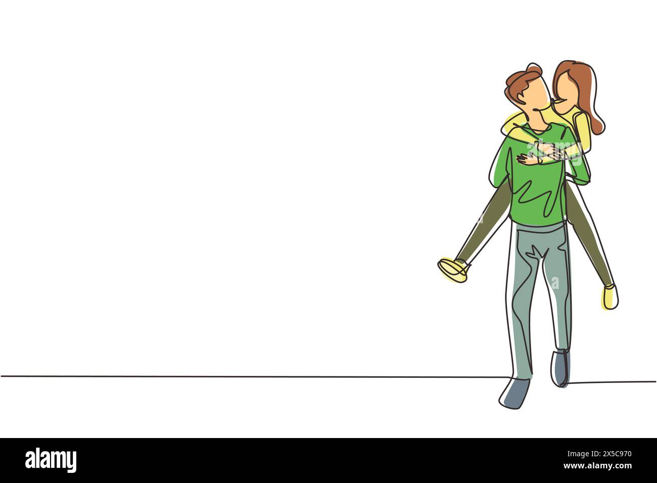 Single Continuous Line Drawing Happy Man Carrying And Embracing Woman