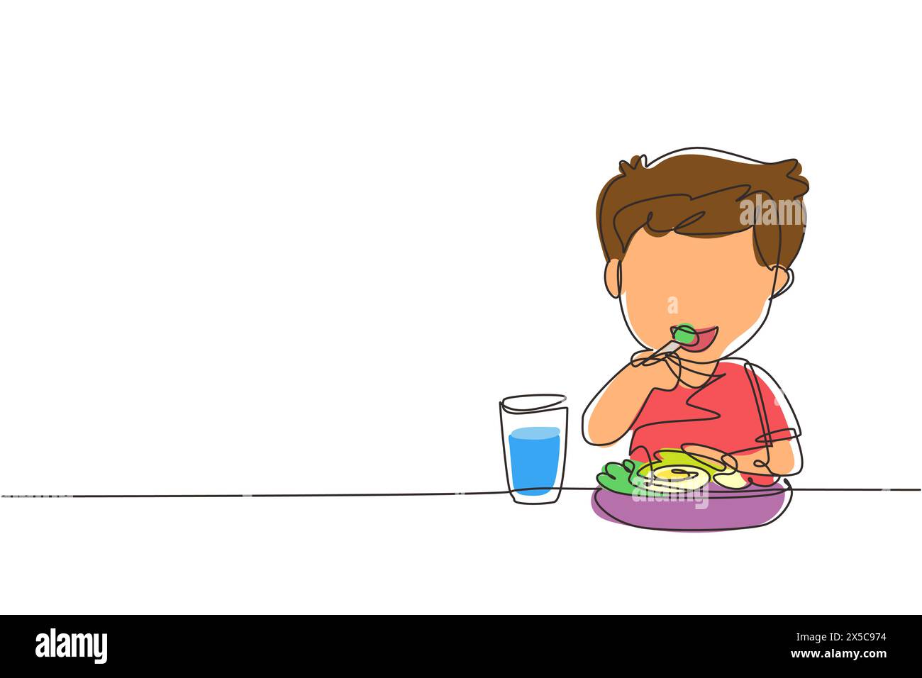 Single one line drawing boy eating healthy morning breakfast food ...