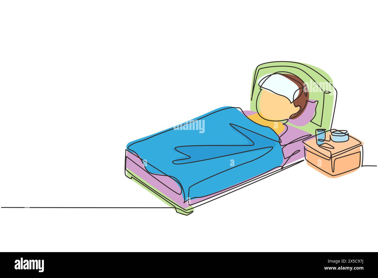 Continuous one line drawing sick boy with high fever. Child is sick ...