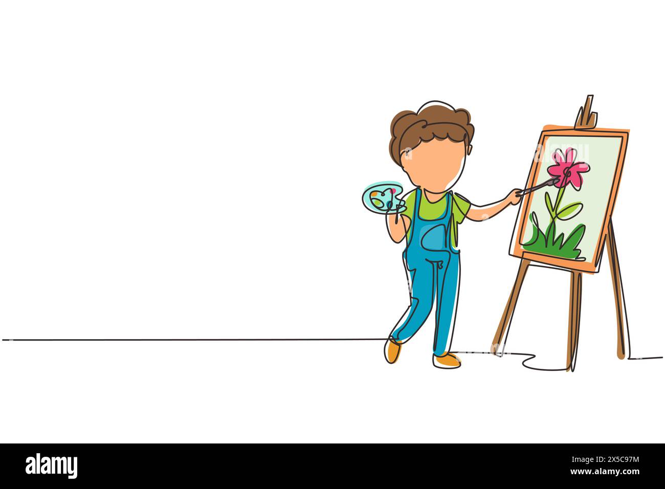 Single continuous line drawing happy cute little kid boy draw on canvas ...