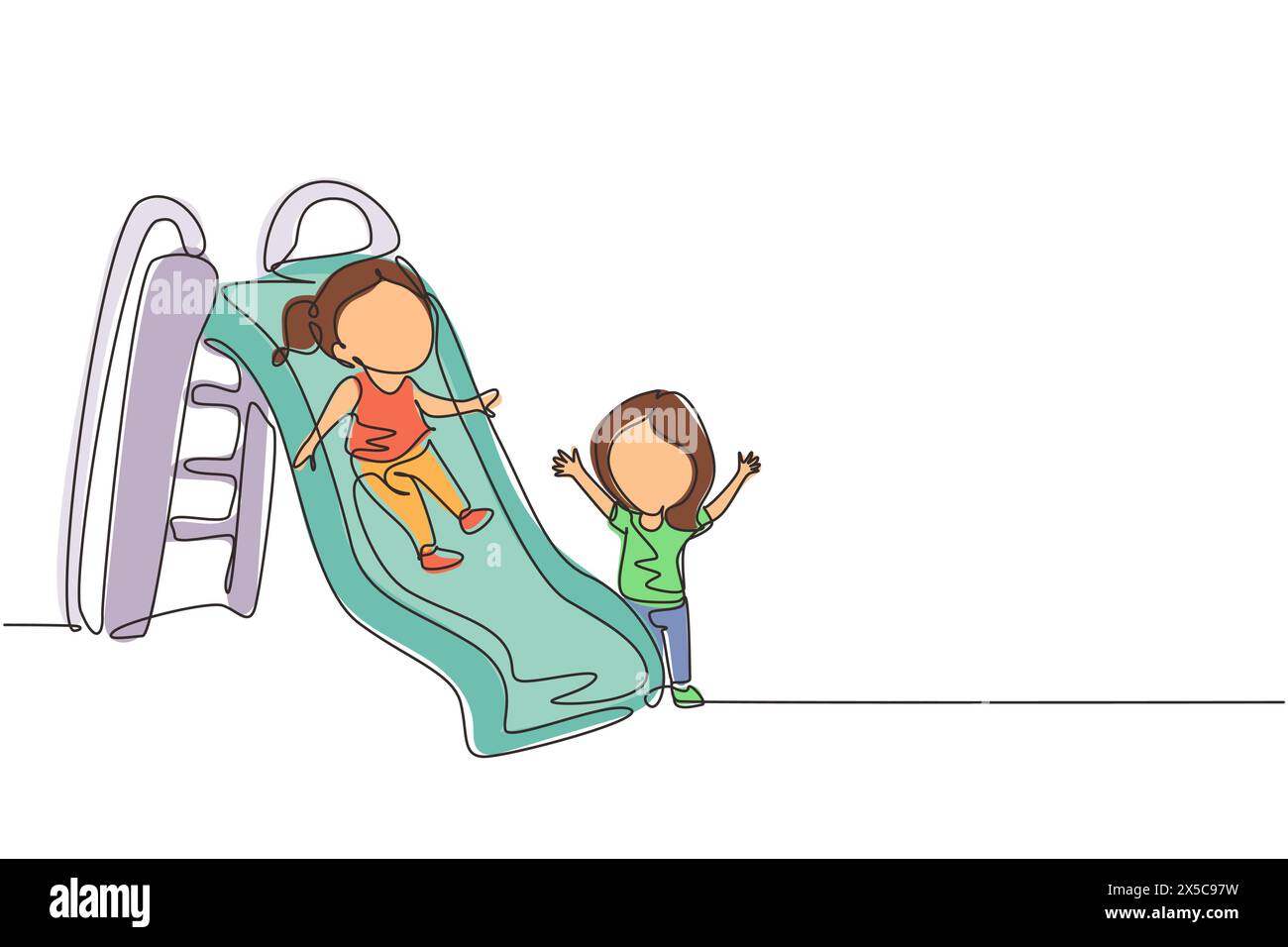 Single one line drawing smiling preschool girl sliding down slide and ...