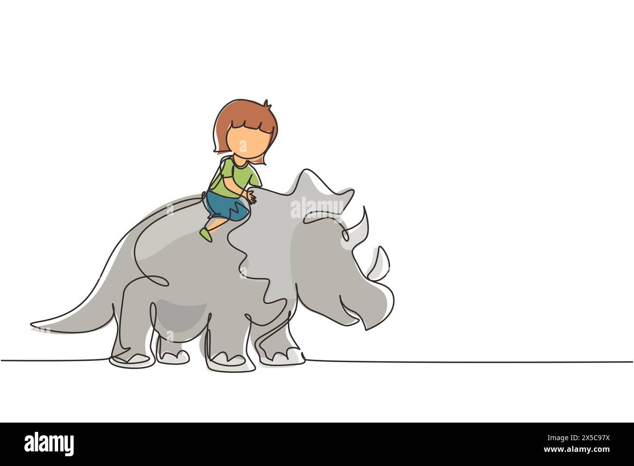 Continuous one line drawing little girl caveman riding triceratops ...