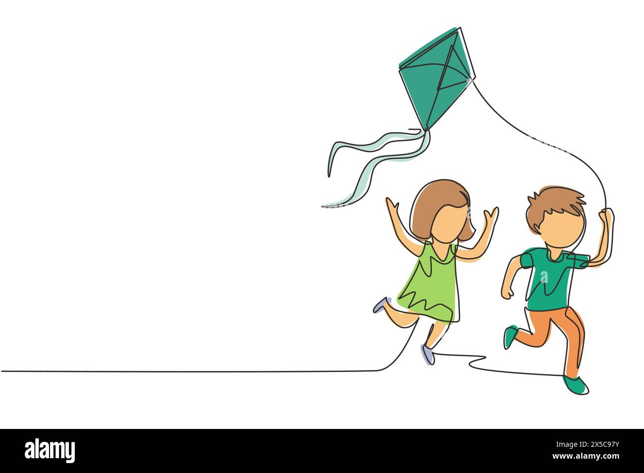 Single continuous line drawing little boy and girl flying kite ...