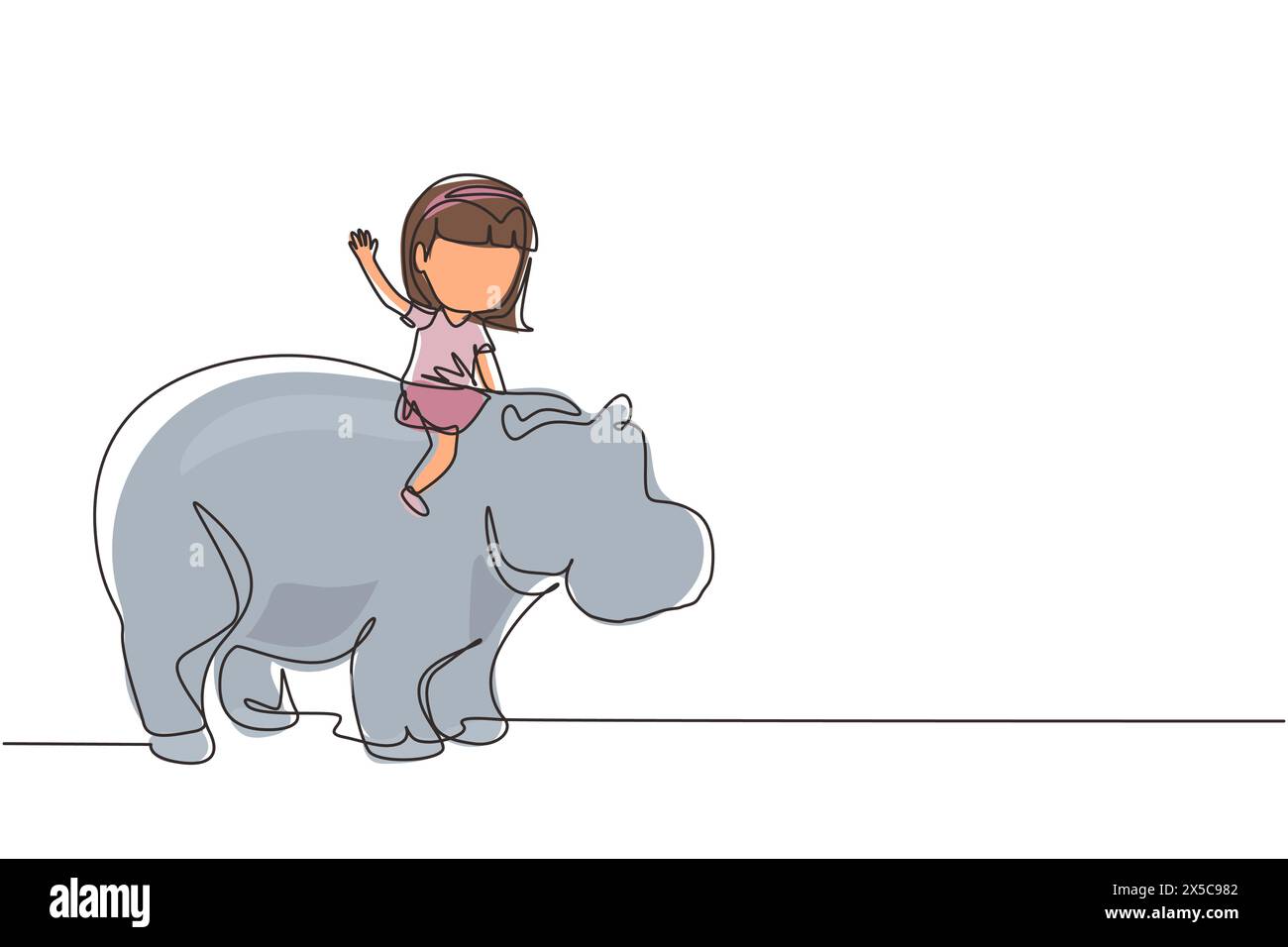 Continuous one line drawing happy little girl riding strong hippo ...