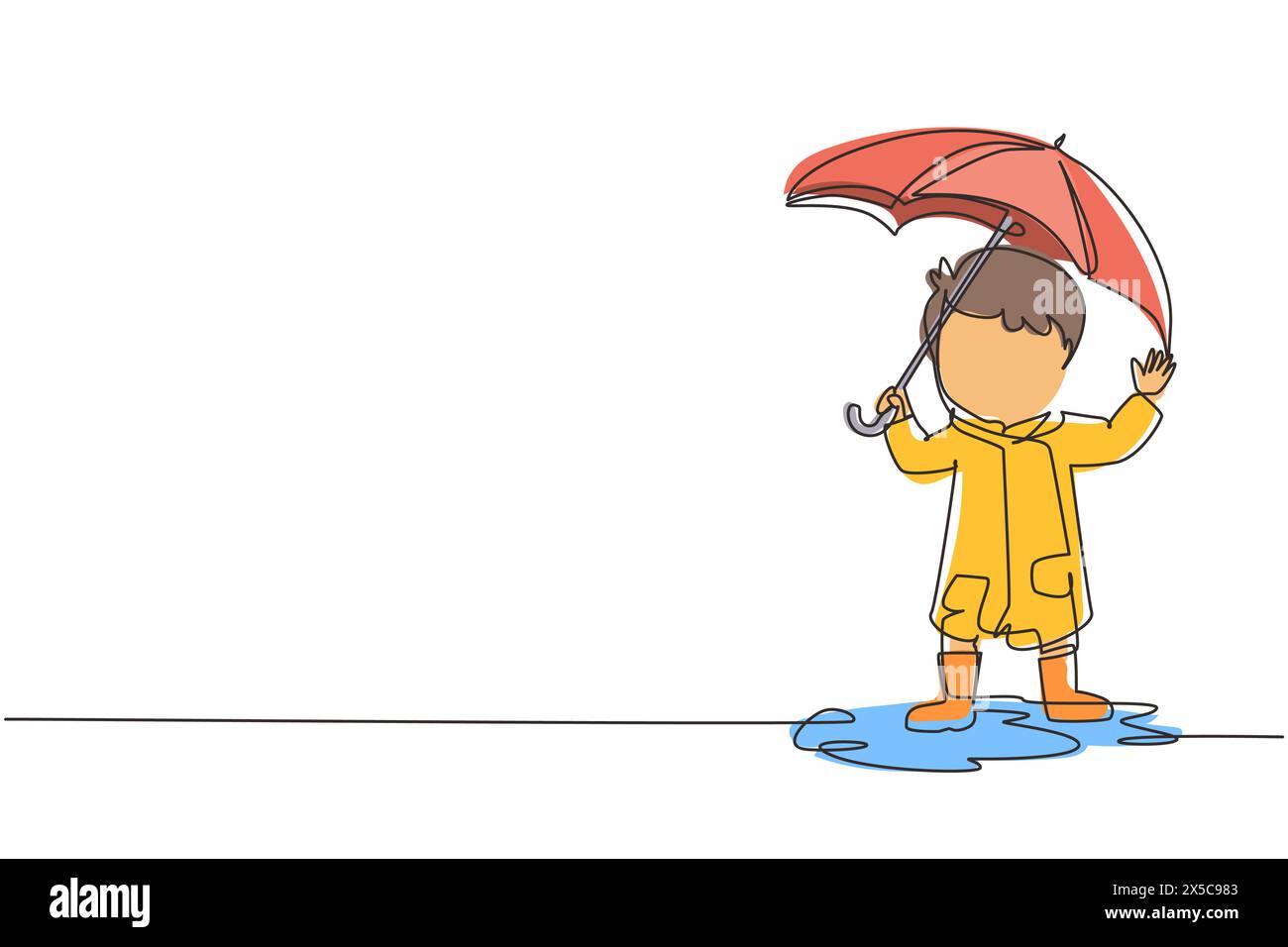 Continuous one line drawing little boy play wear raincoat and umbrella ...
