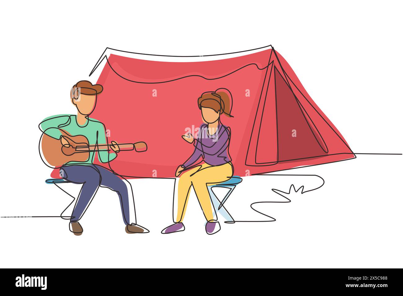 Continuous one line drawing couple tourist camping. Camper sitting by ...